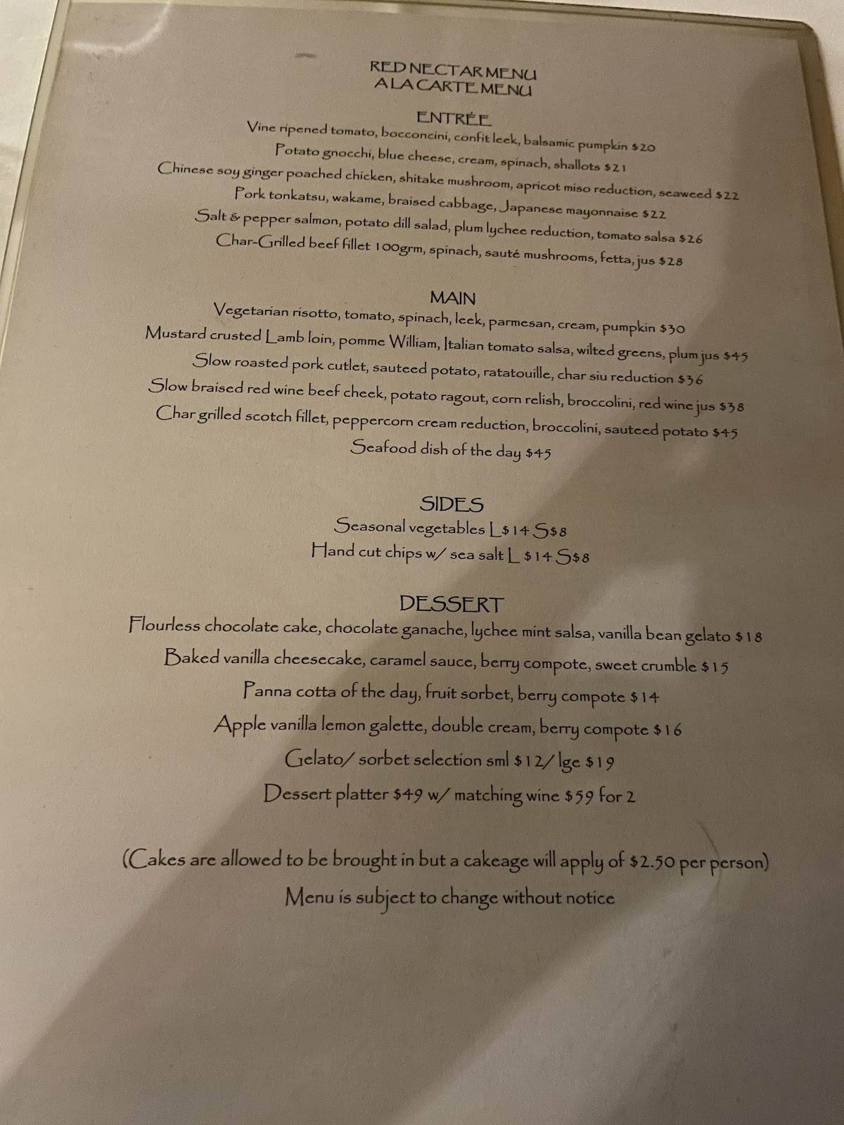 Menu at Red Nectar restaurant, Helensburgh