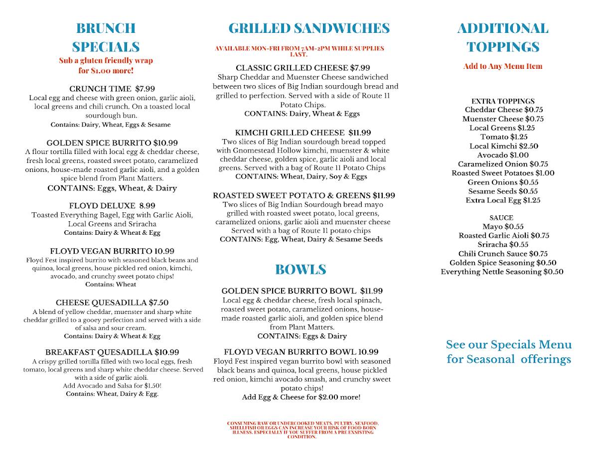 Menu at Red Rooster Coffee restaurant, Floyd