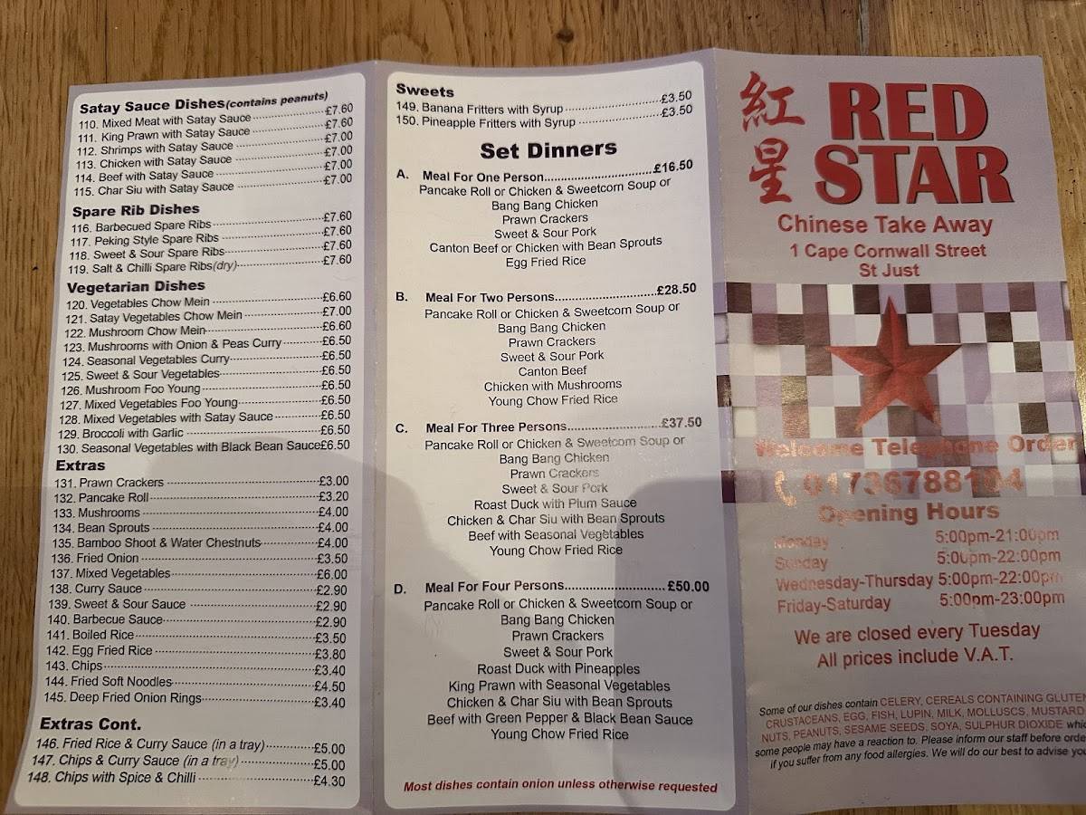 Menu at Red Star fast food, Pendeen
