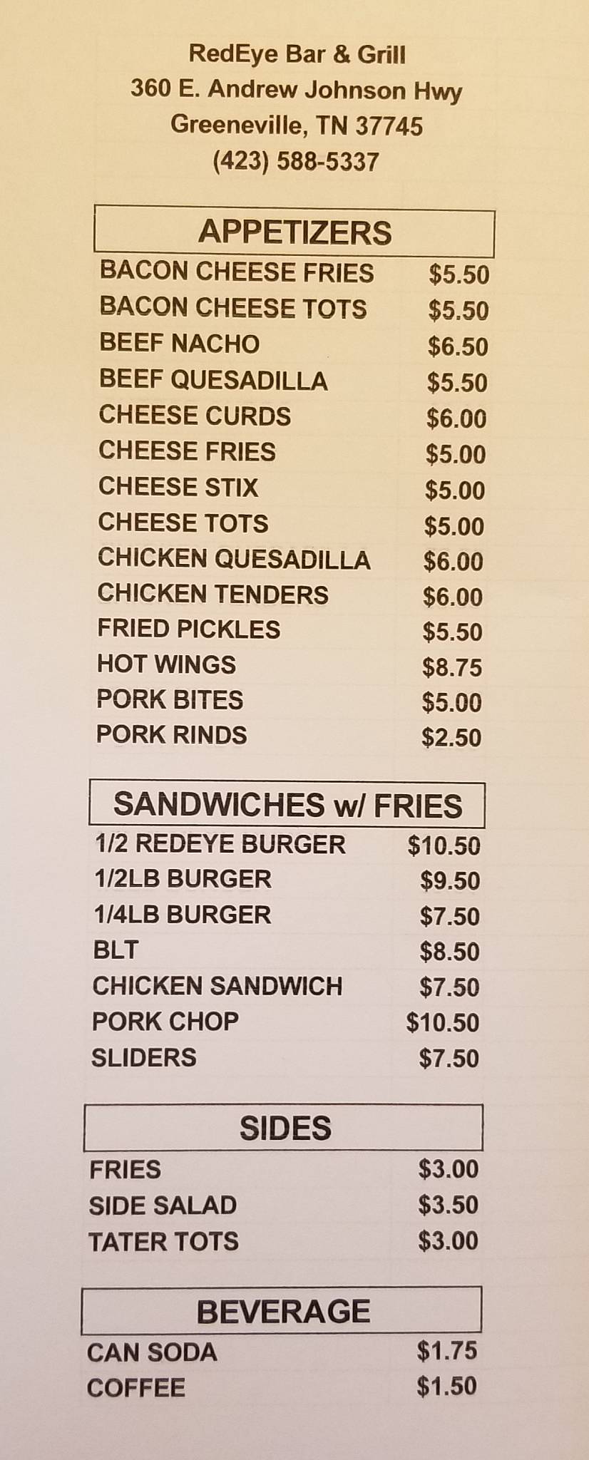 Menu at RedEye Bar & Grill, Greeneville