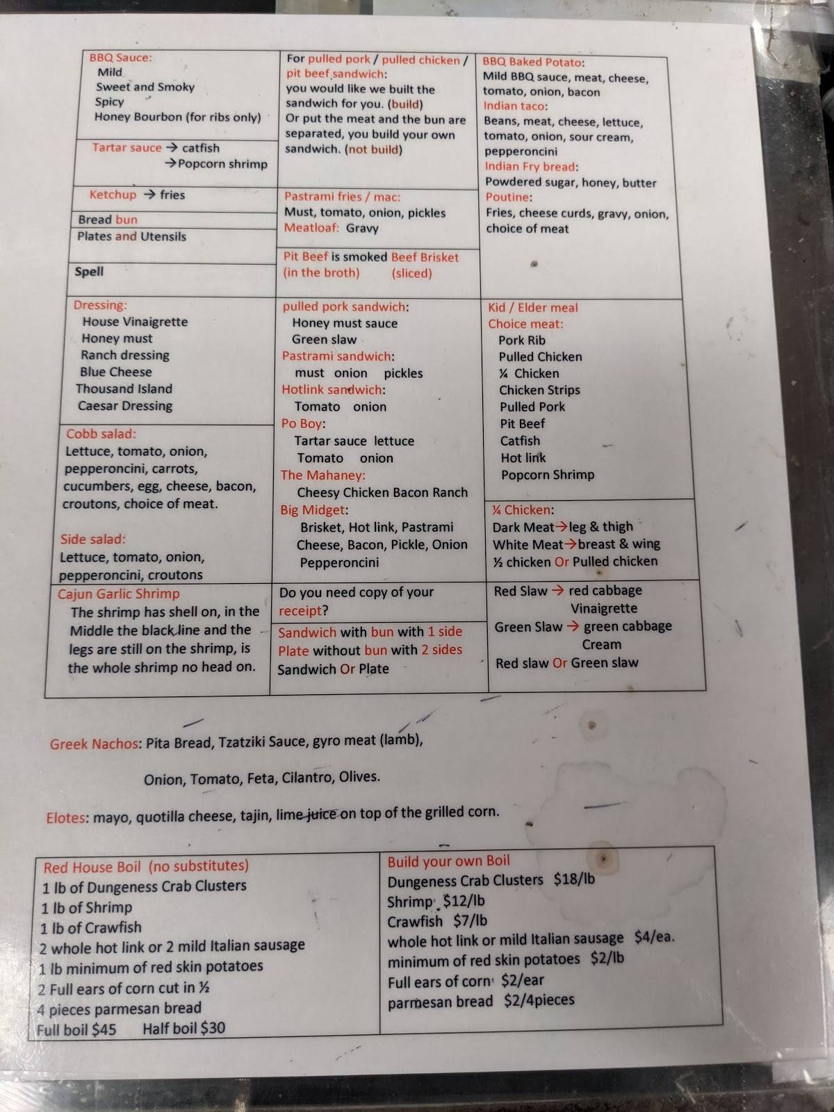 Menu at Red House BBQ, Tehachapi, 426 E Tehachapi Blvd