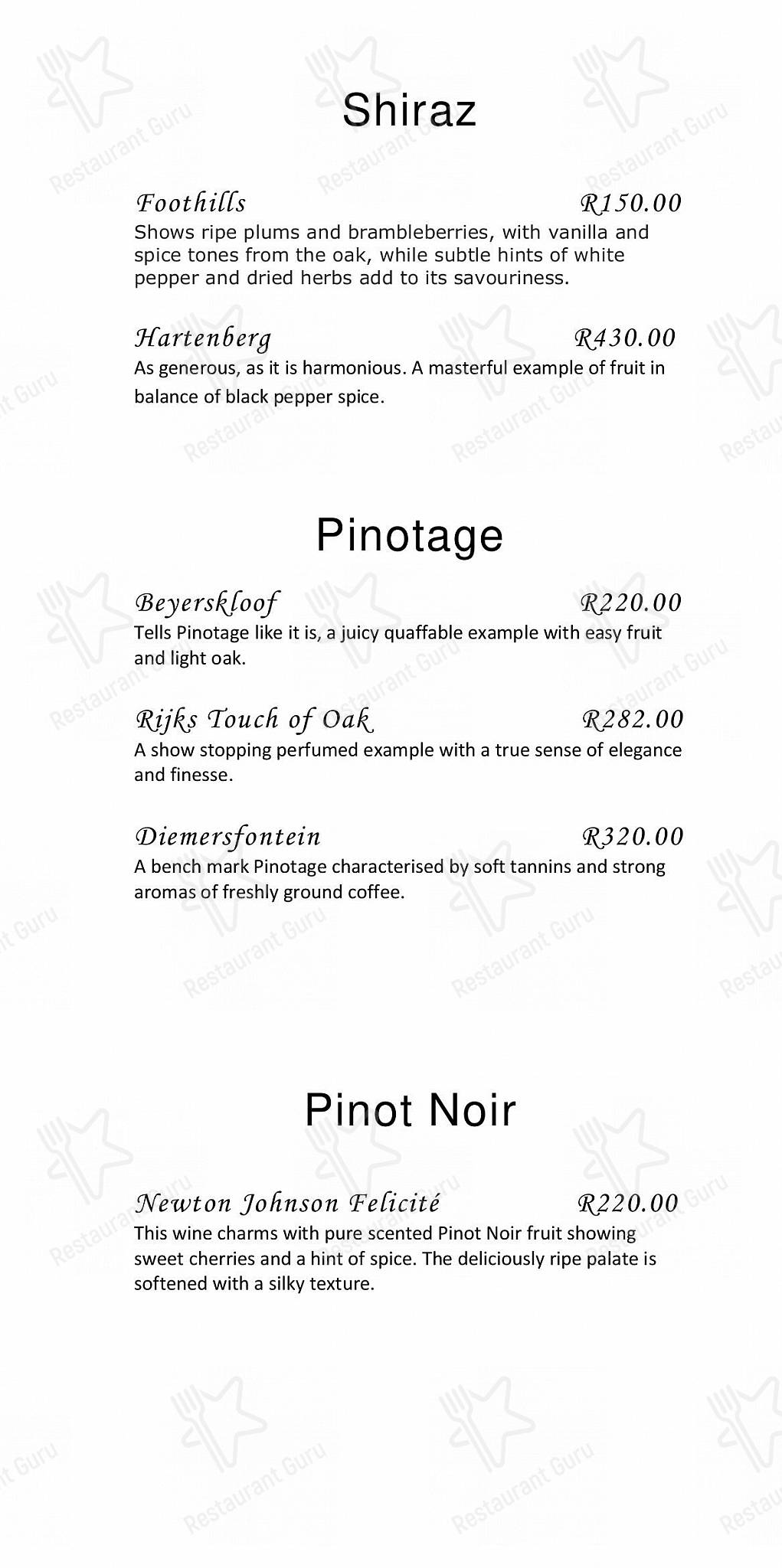 Menu at Redlands Hotel & Conference Center, Pietermaritzburg