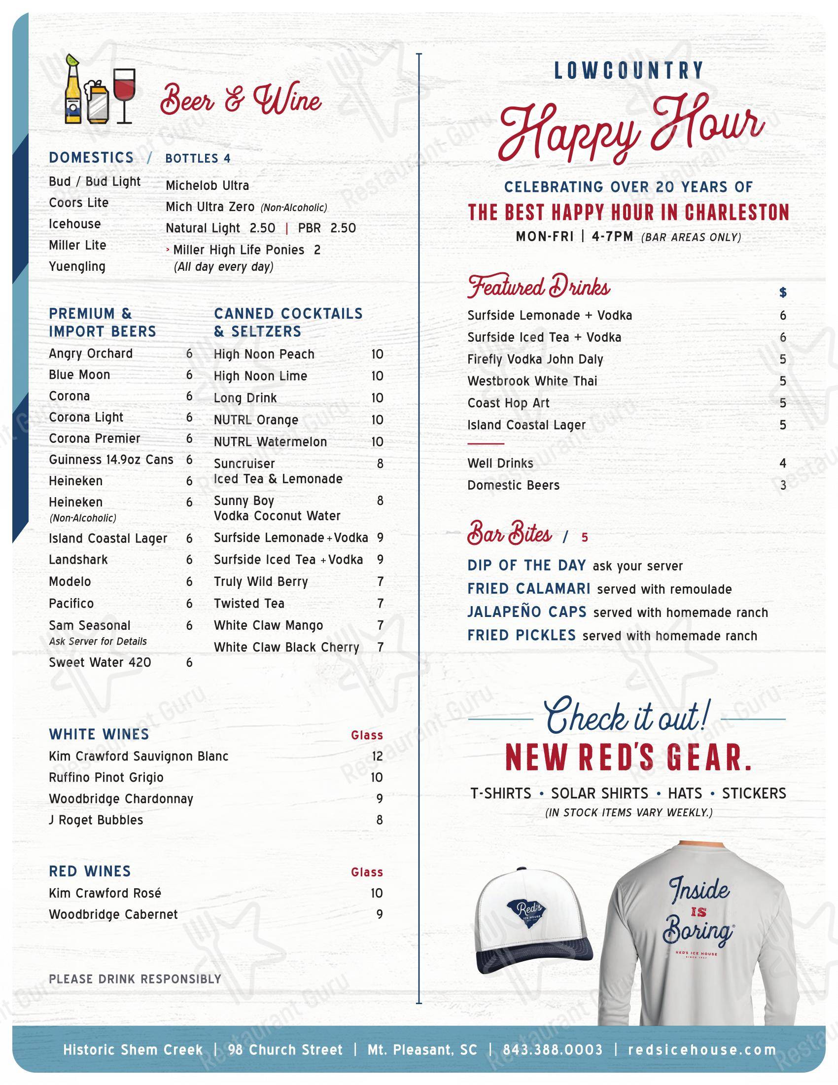 Menu at Red's Ice House restaurant, Seabrook Island, Andell Bluff Blvd