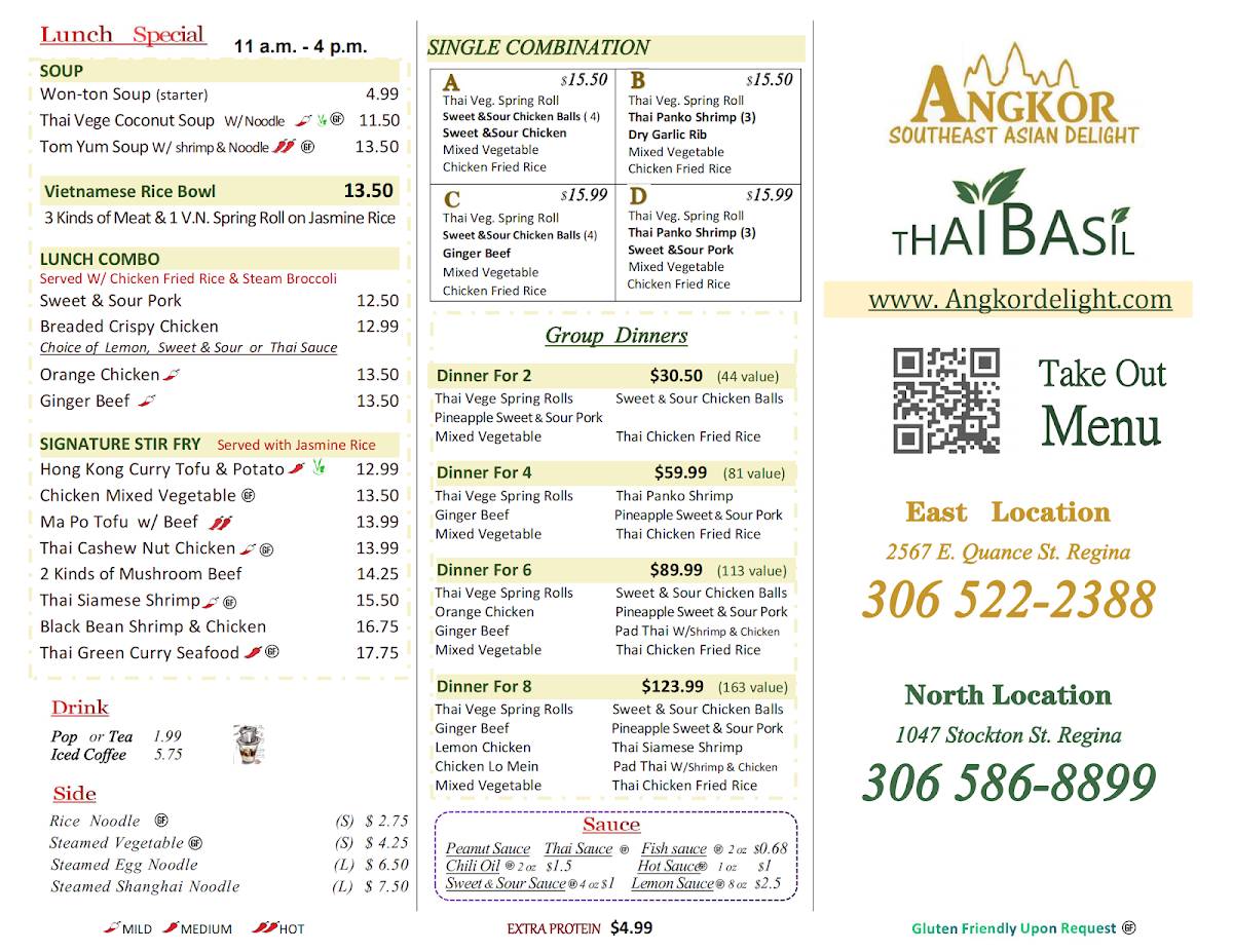 Menu at Thai Basil restaurant, Regina