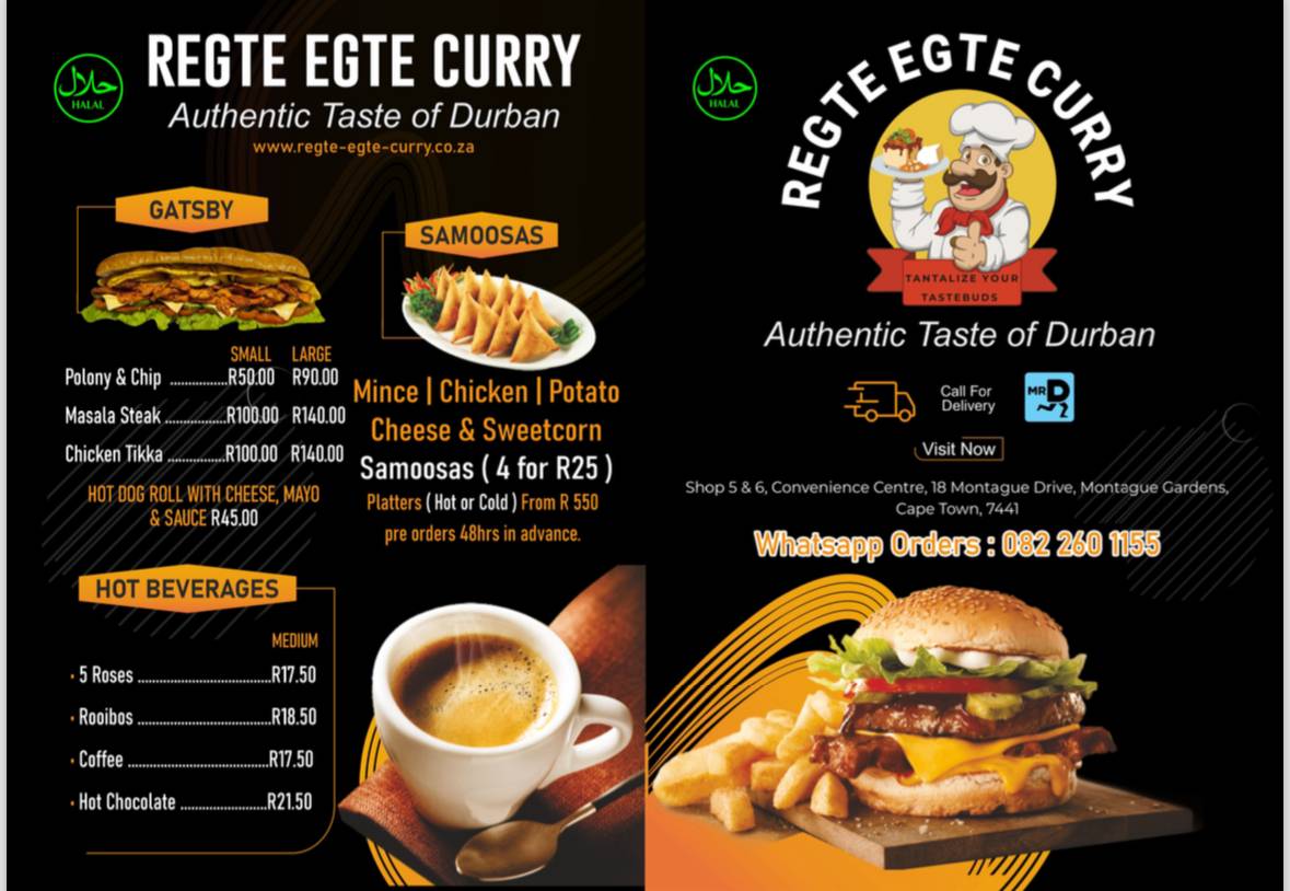 Menu at Regte Egte Curry, Cape Town