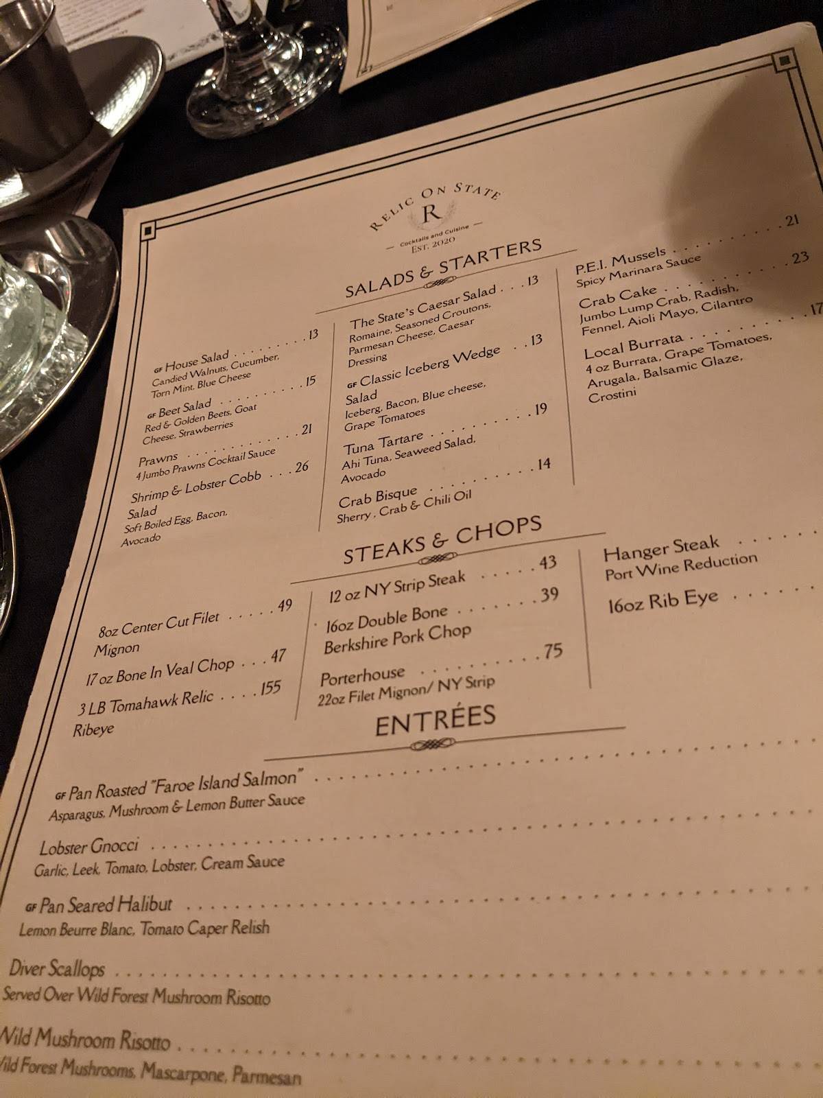 Menu at Relic on State Street pub & bar, Newtown