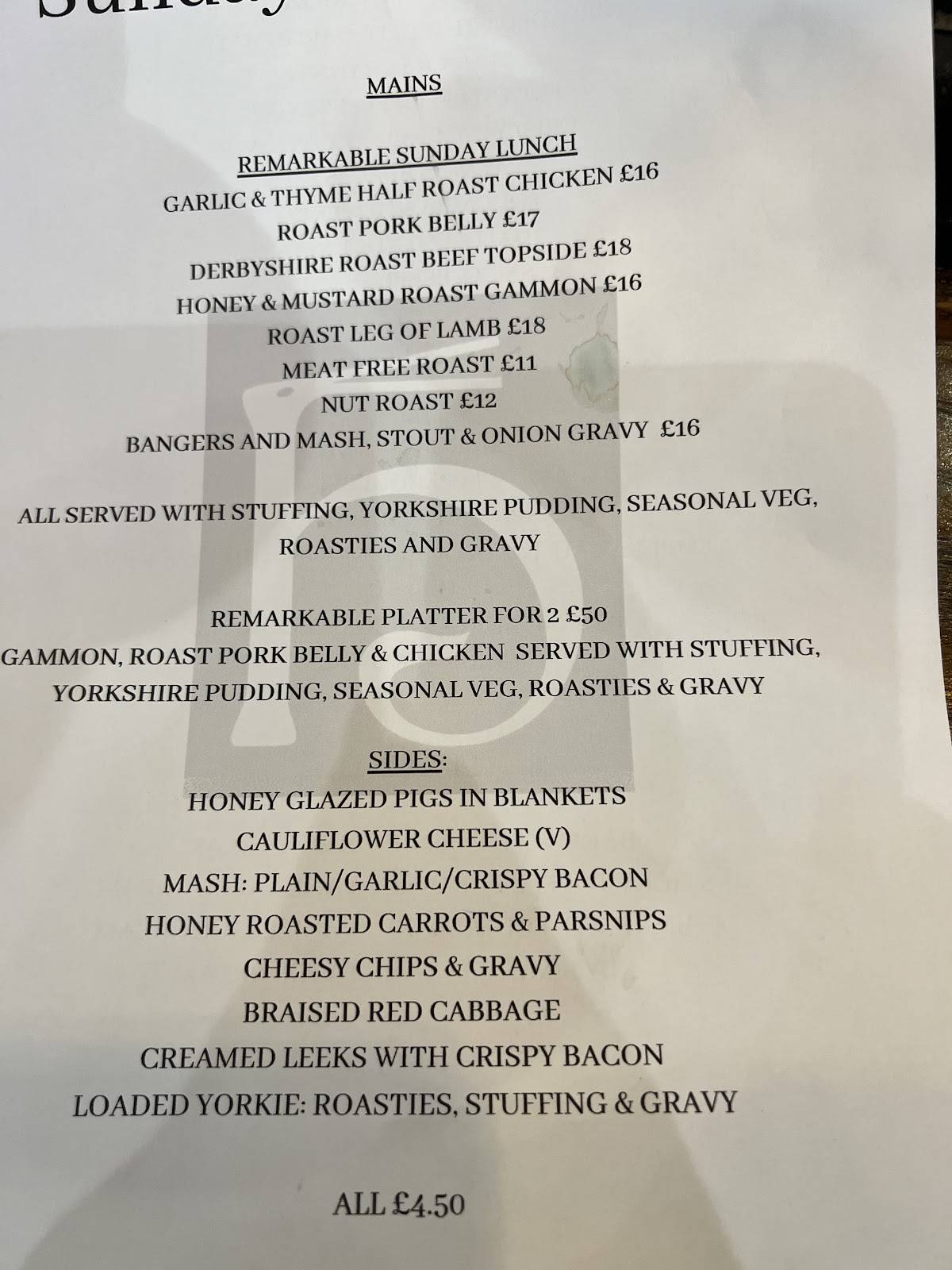 Menu at Remarkable Hare pub & bar, Matlock