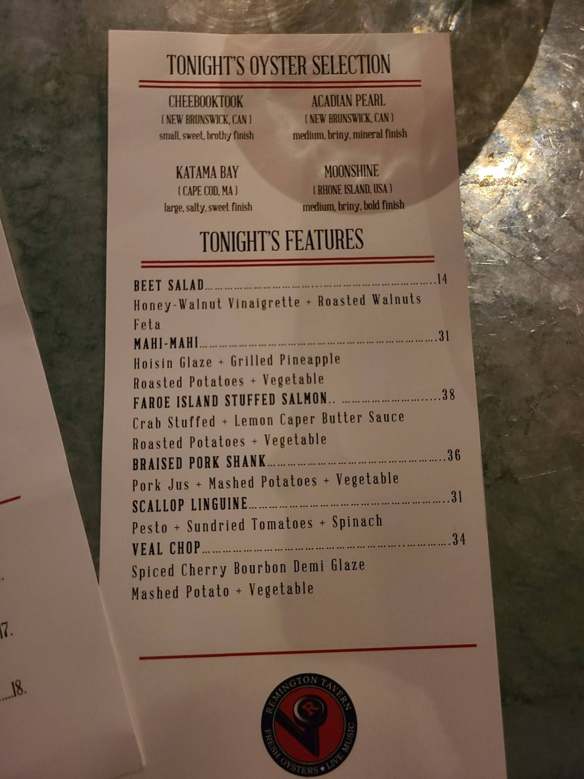 Menu at Remington Tavern and Seafood Exchange pub & bar, North Tonawanda