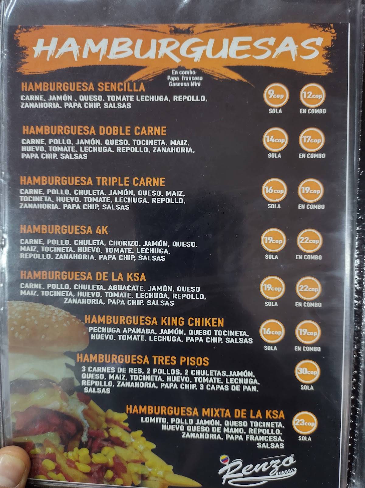 Carta del restaurante Renzo Burguer FastFood, Bogotá