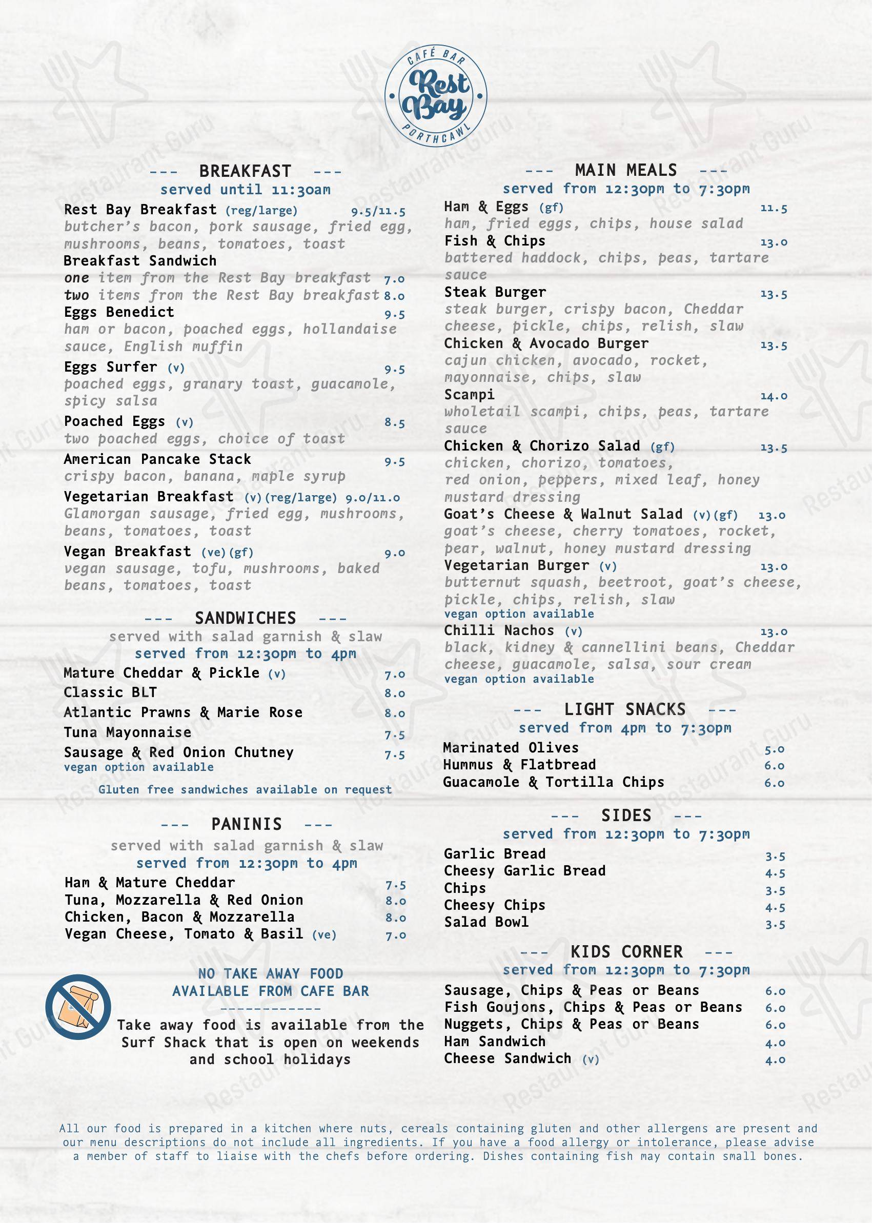 Menu at Rest Bay Café Bar, Porthcawl, Rest Bay