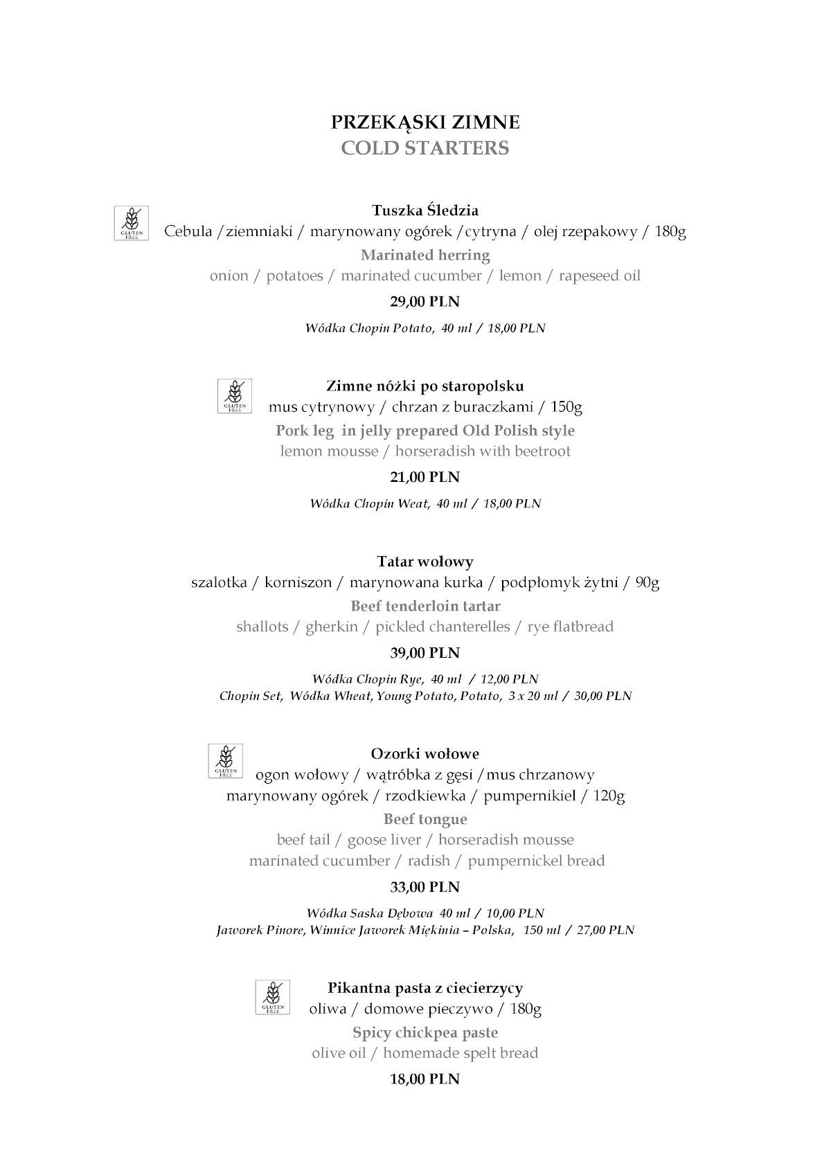Carta del restaurante Restauracja Polska, Varsovia