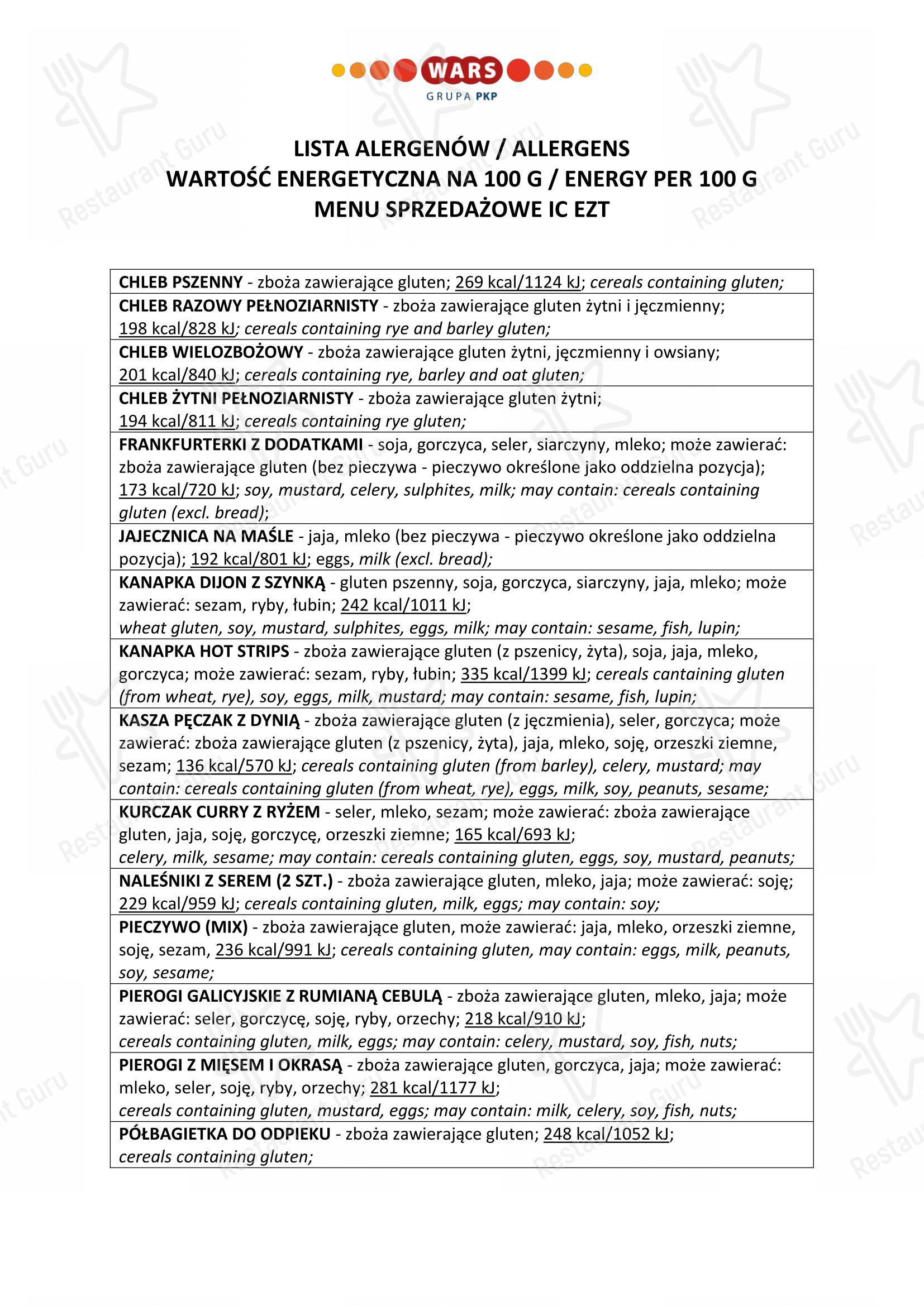 Menu at Restauracja WARS - West Station I restaurant, Warsaw
