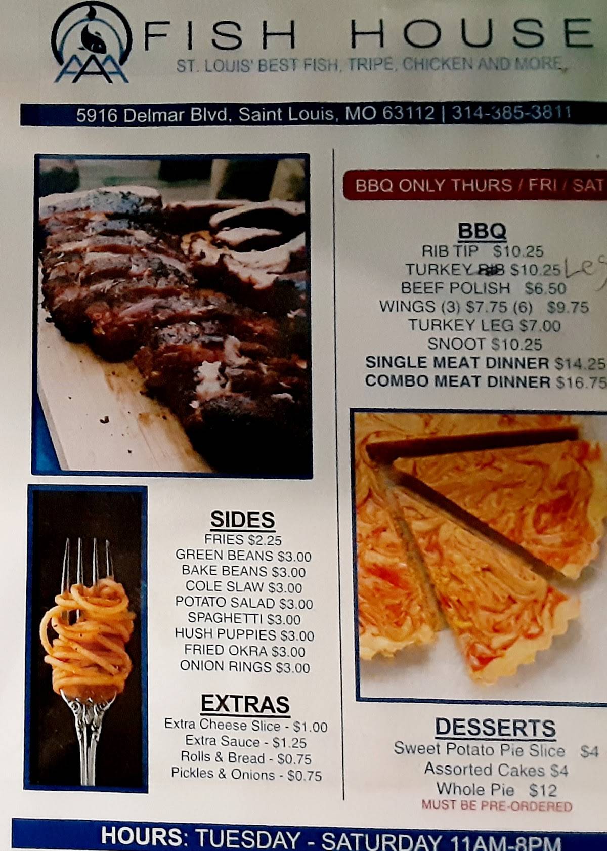 Menu at AAA Fish House restaurant, St. Louis, Delmar Blvd
