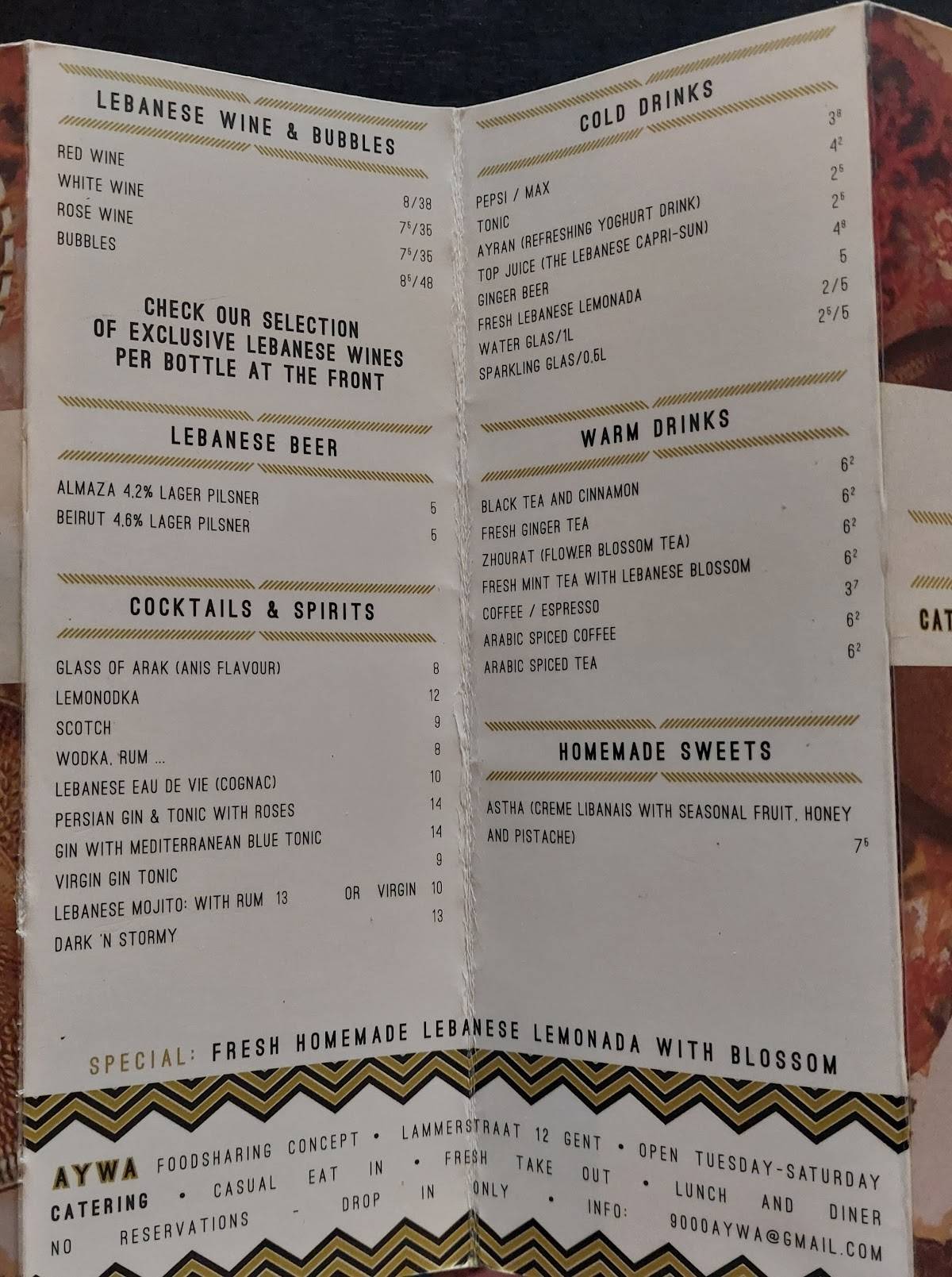 Menu at AYWA restaurant, Ghent