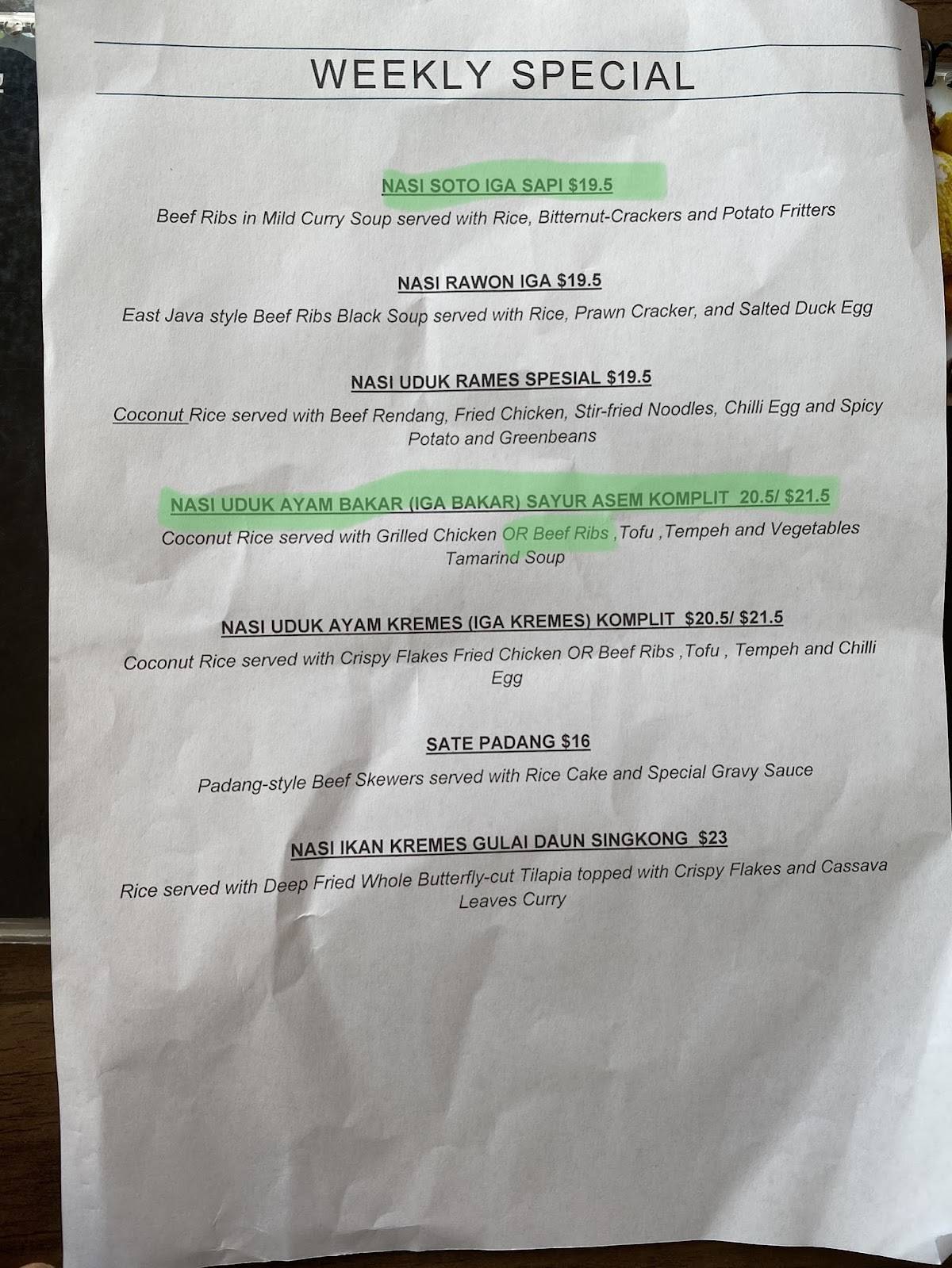 Menu at A'la Indo restaurant, Mascot
