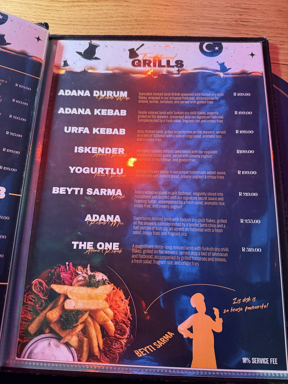 Menu at Ala Turkish restaurant, Cape Town