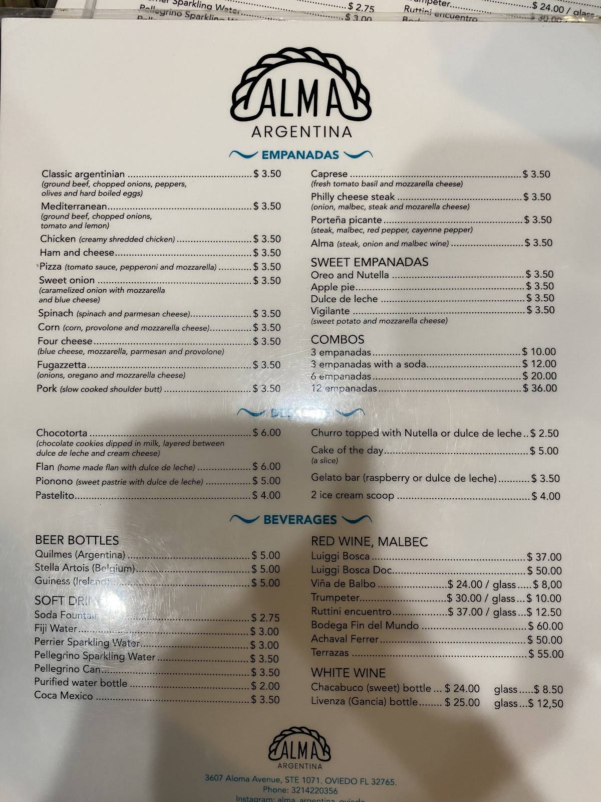 Menu at Alma Argentina restaurant, Oviedo, Aloma Ave Unit 107