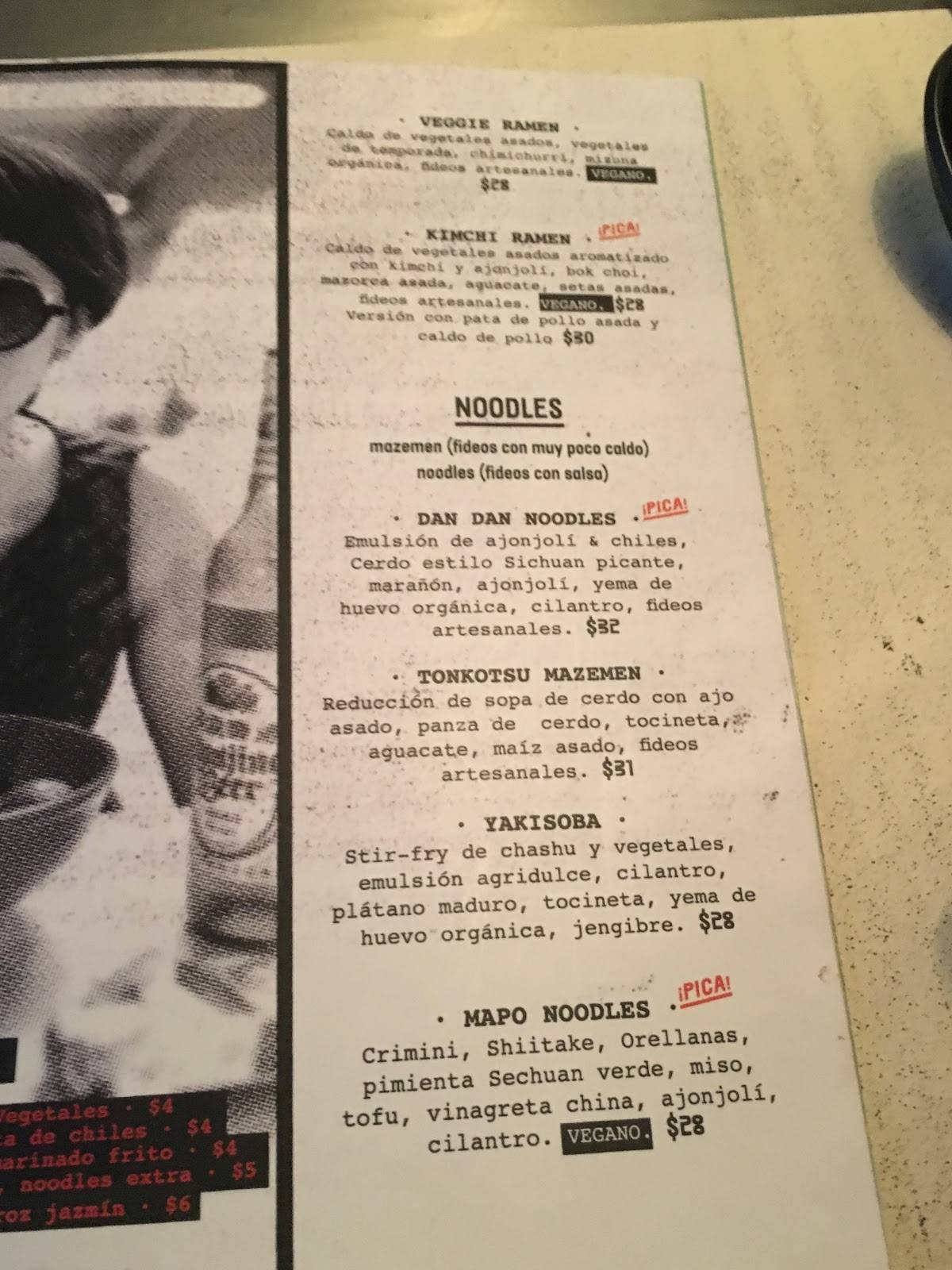 Carta del restaurante Amen Ramen, Bogotá