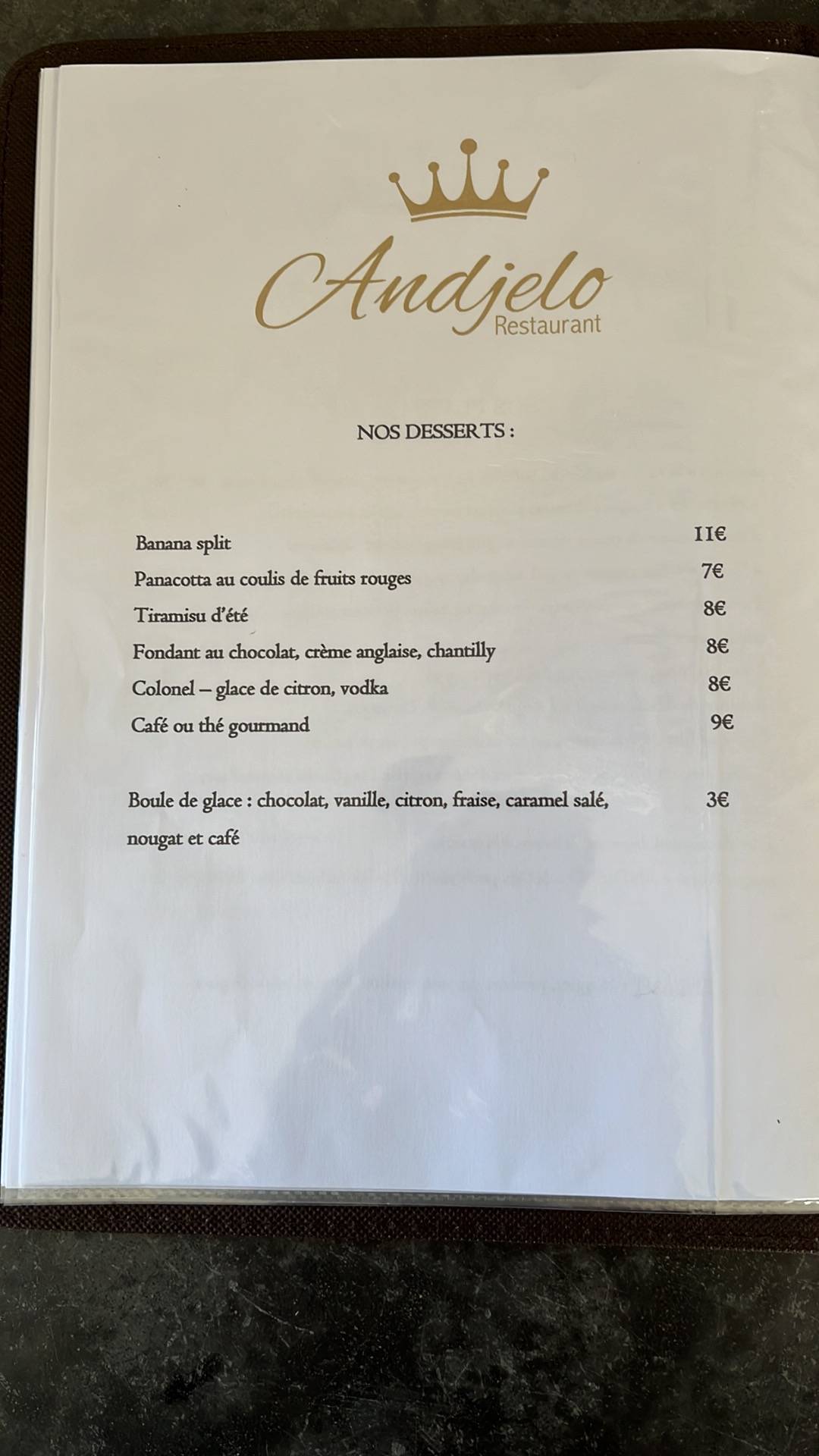 Menu au Restaurant Andjelo, Les Angles