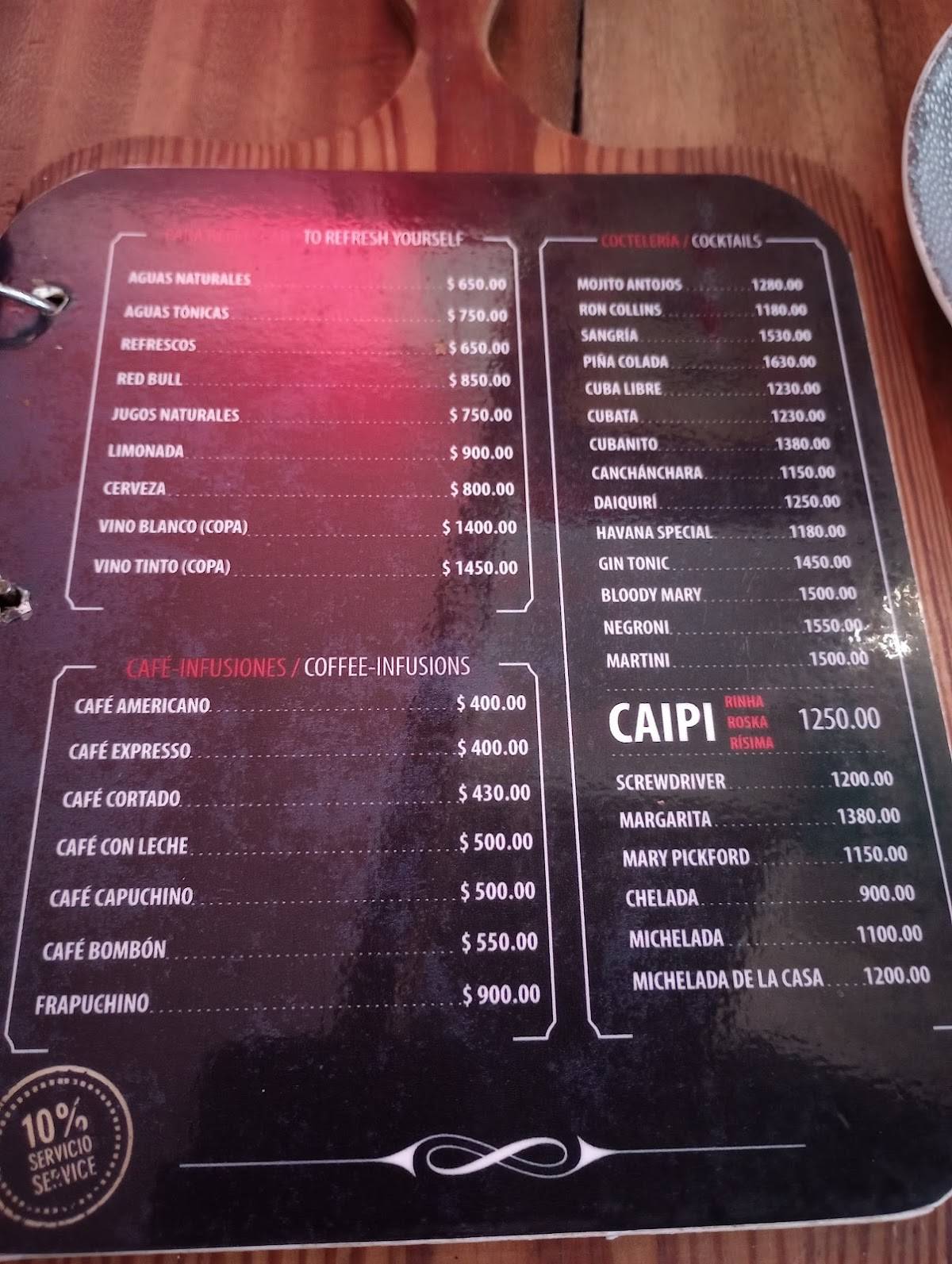 Menu at Antojos restaurant, Havana