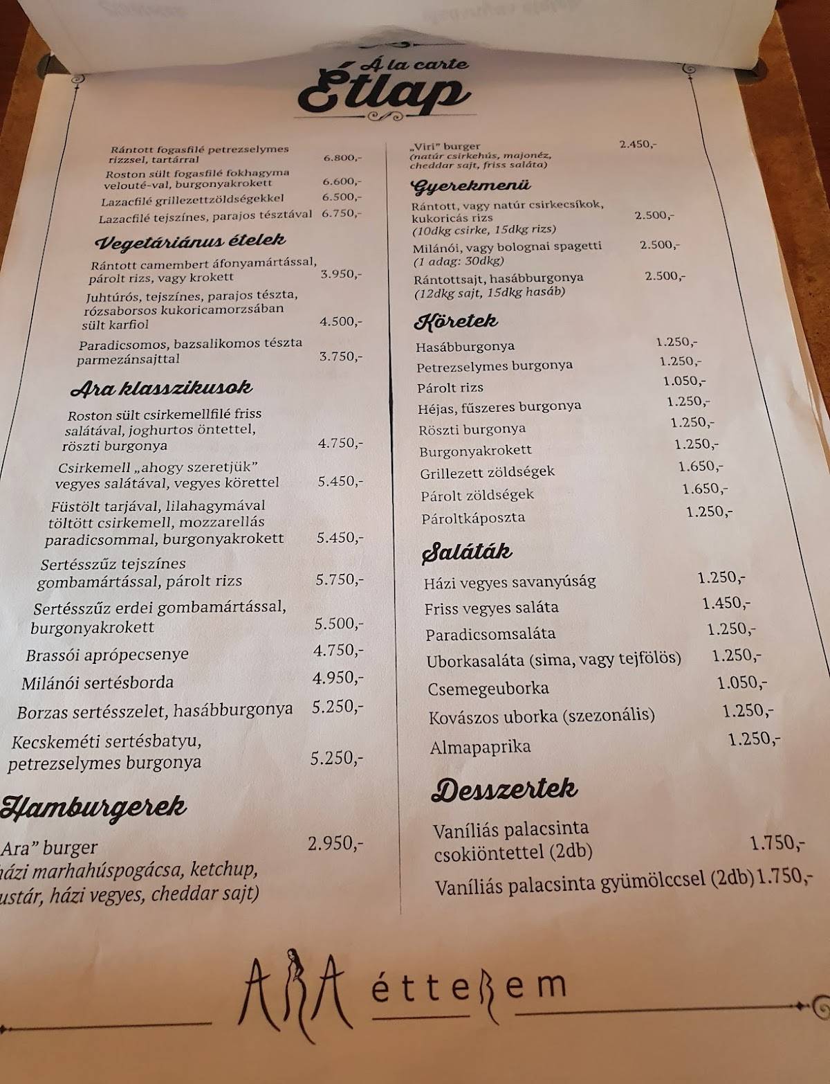 Menu at Ara Étterem restaurant, Mór
