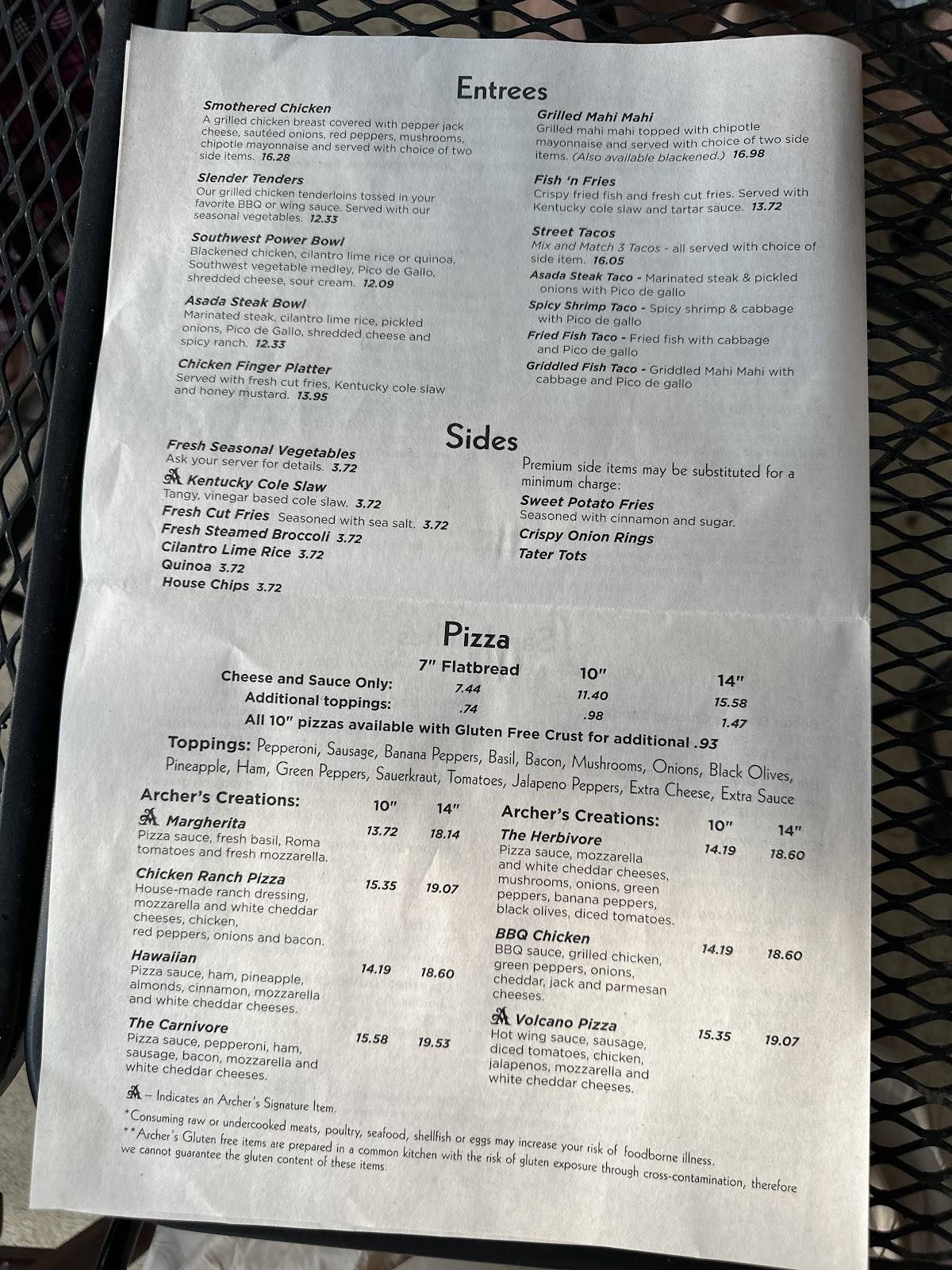 Menu at Archers Tavern Centerville restaurant, Centerville