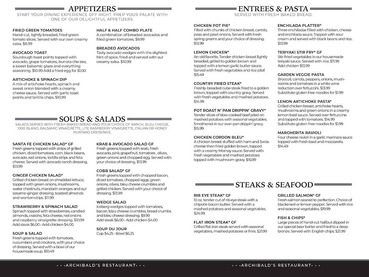 Menu at Archibald’s Restaurant at Gardner Village, West Jordan