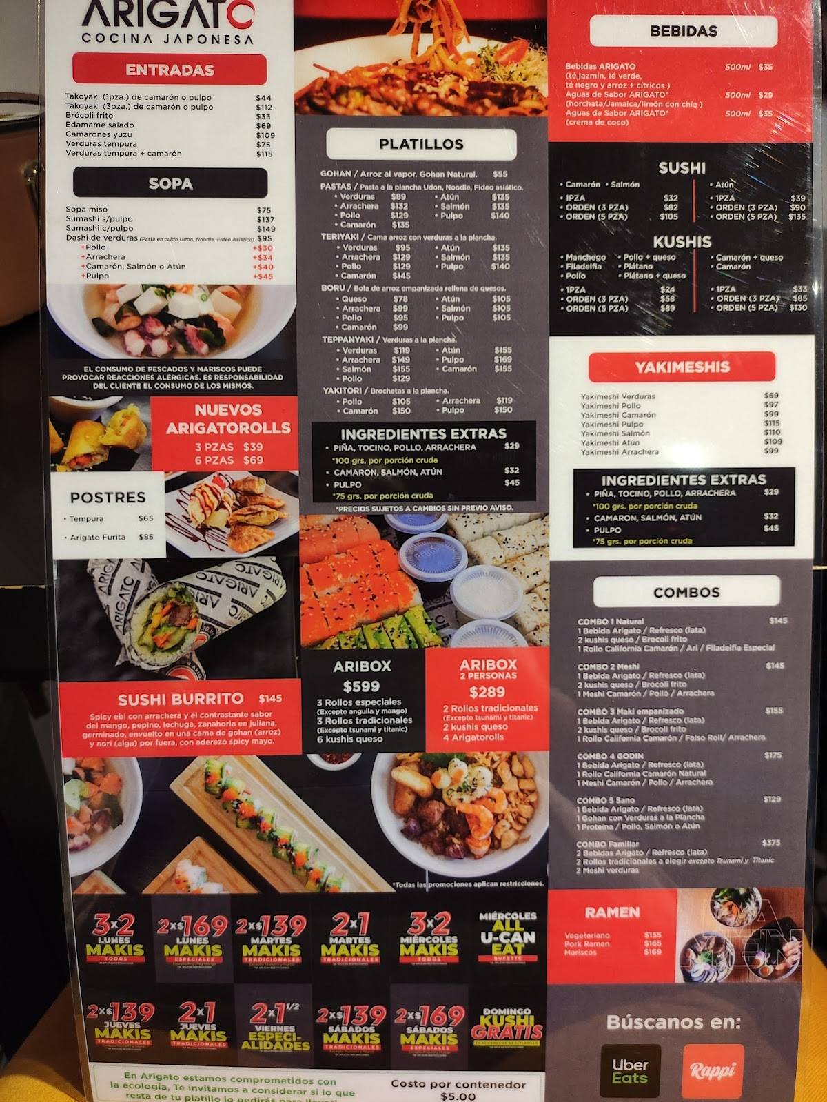 Menu at Arigato restaurant, San Miguel de Allende