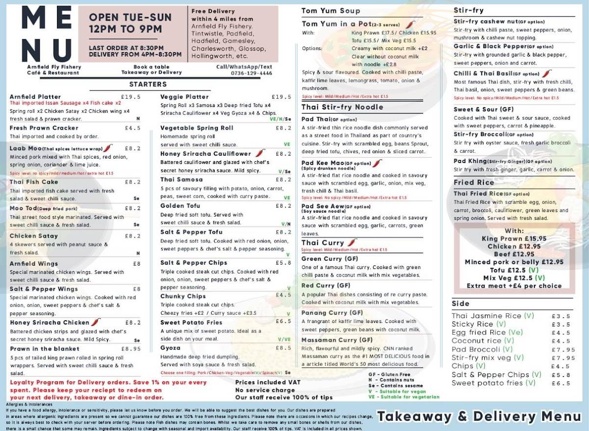 Menu at Arnfield Fly Fishery Cafe & Thai Restaurant, Glossop