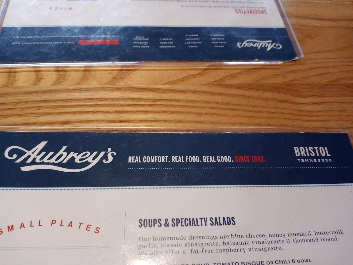 Menu at Aubrey's restaurant, Bristol