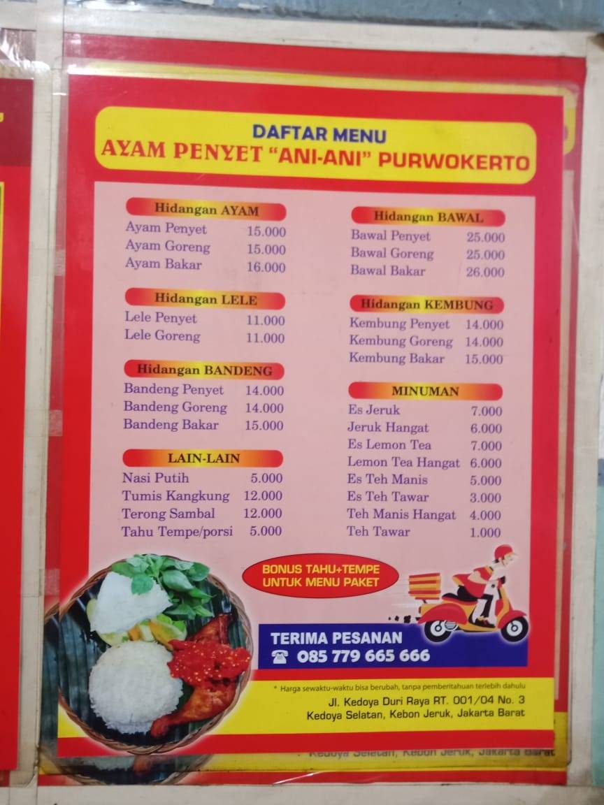 Carta del restaurante Ayam Penyet Ani-Ani Khas Purwokerto, West Jakarta