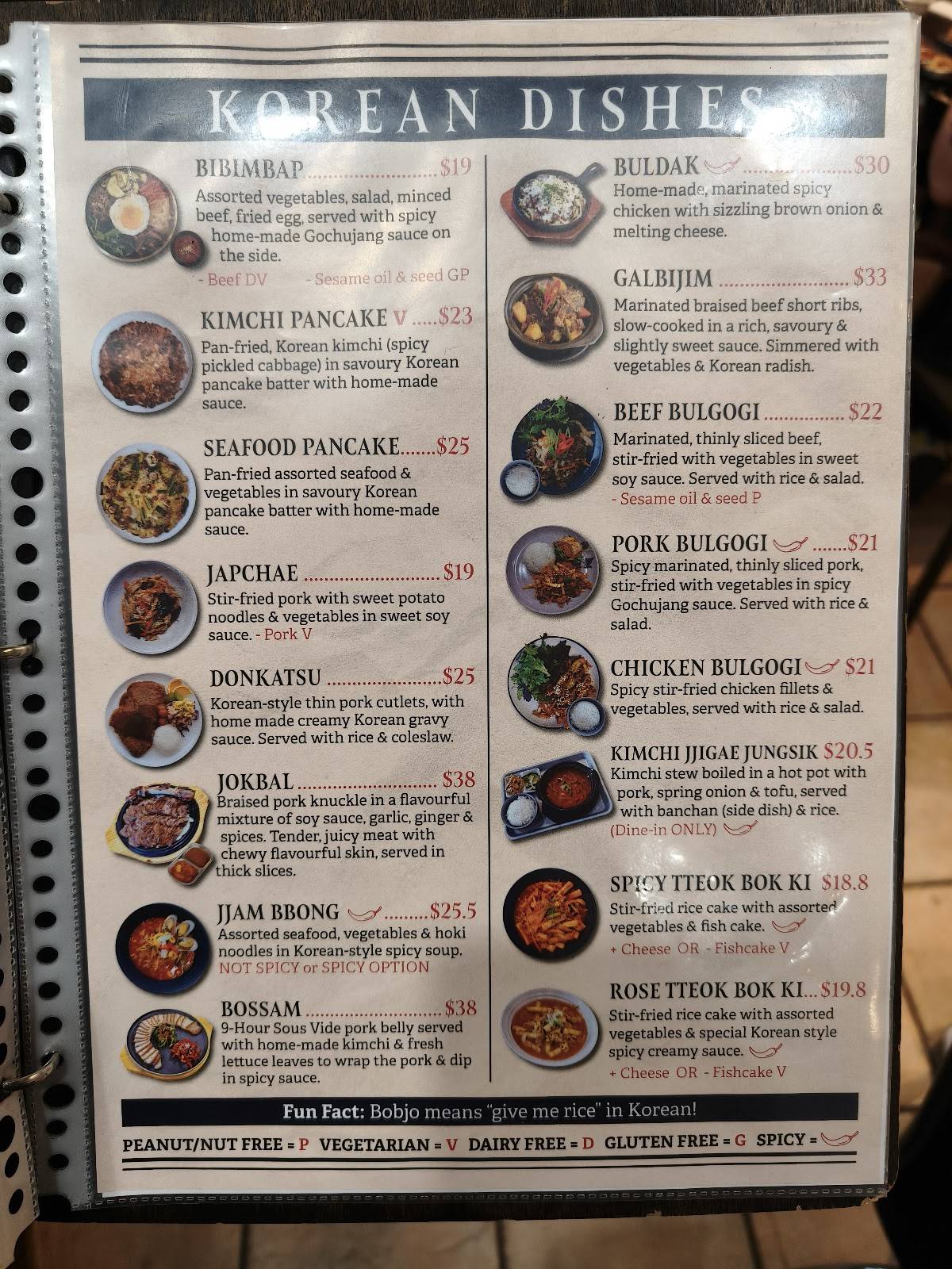 Menu at BOB JO restaurant, Mandurah