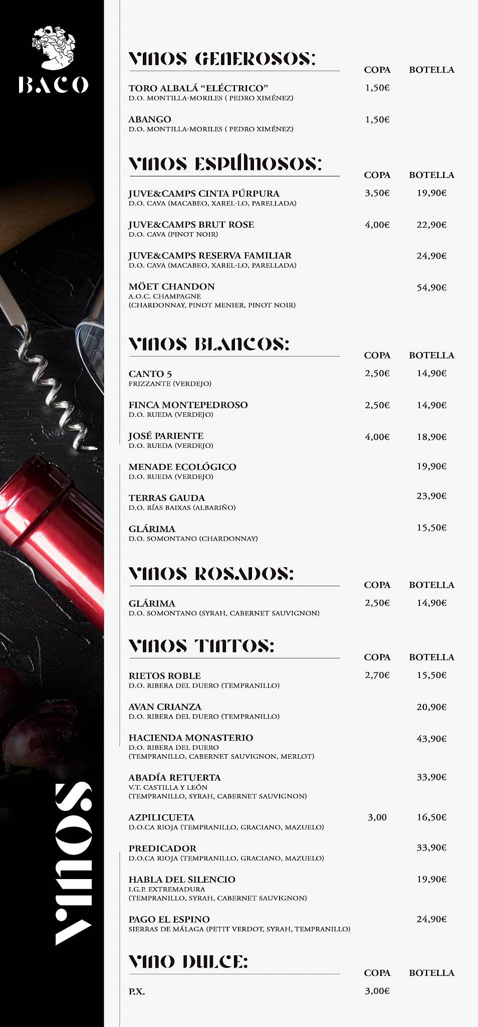 Carta de Baco Gastrobar, Córdoba