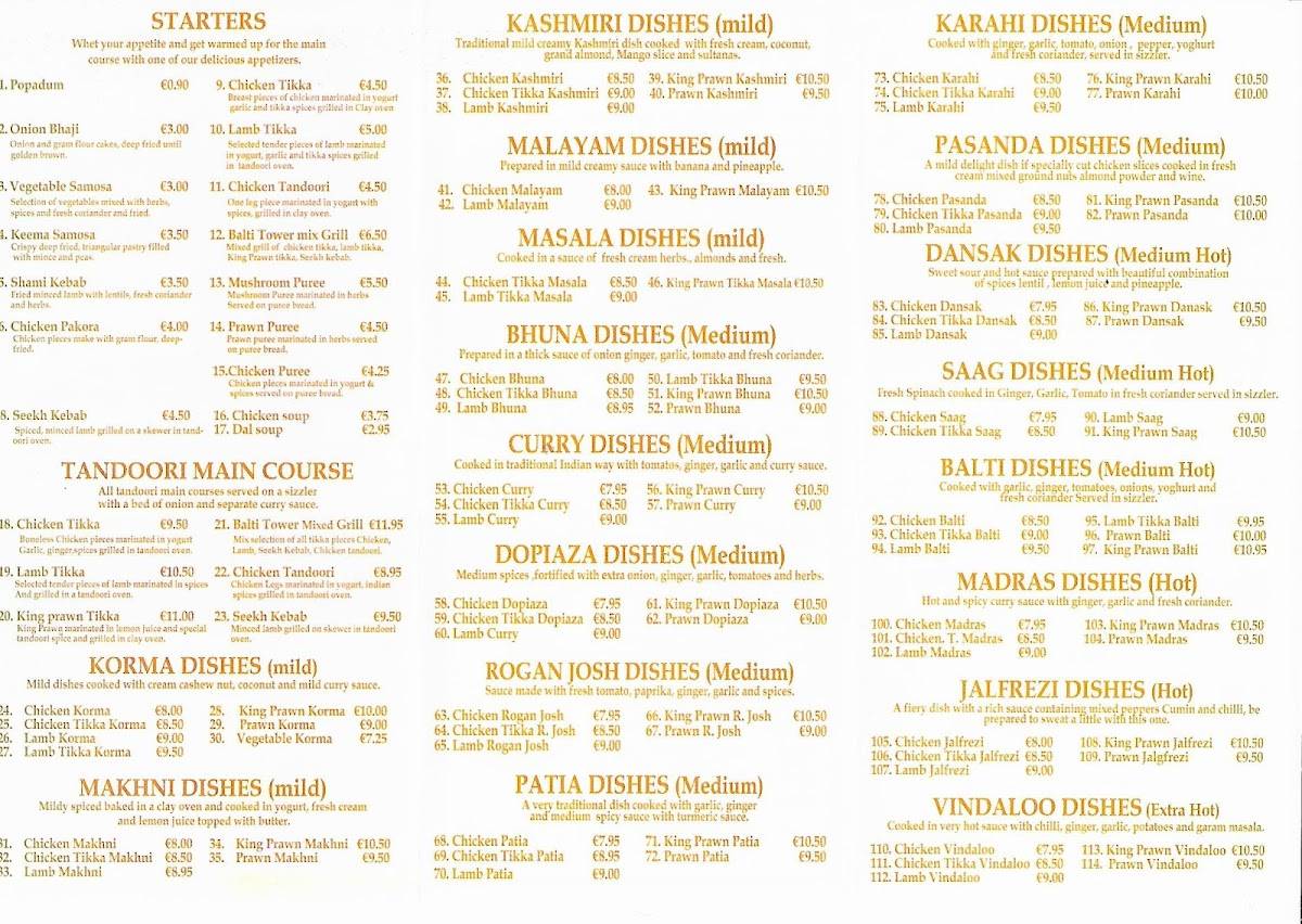 Menu at Balti Tower Restaurant, Cabo Roig
