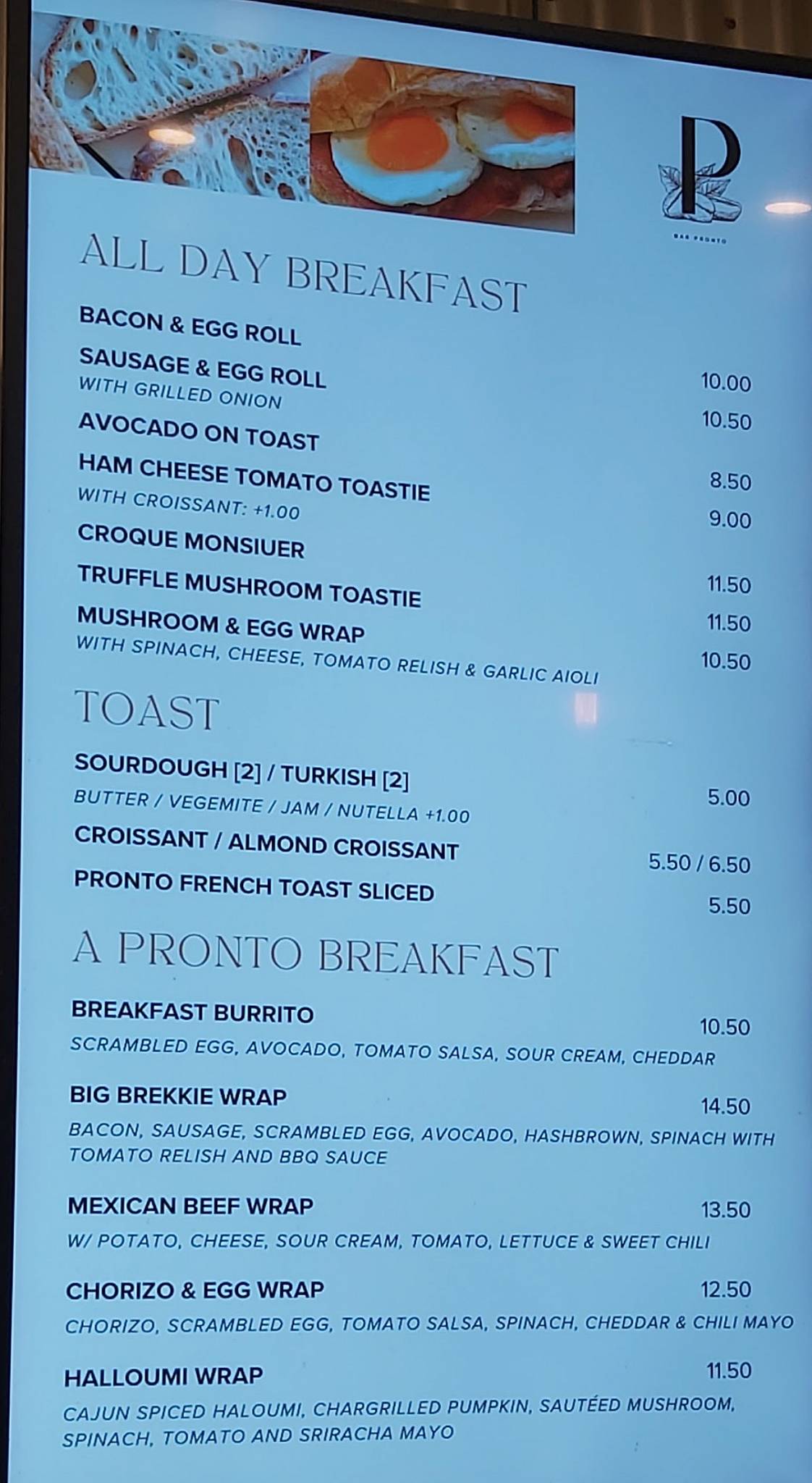 Menu at Bar Pronto, Sydney, 72 Pitt St