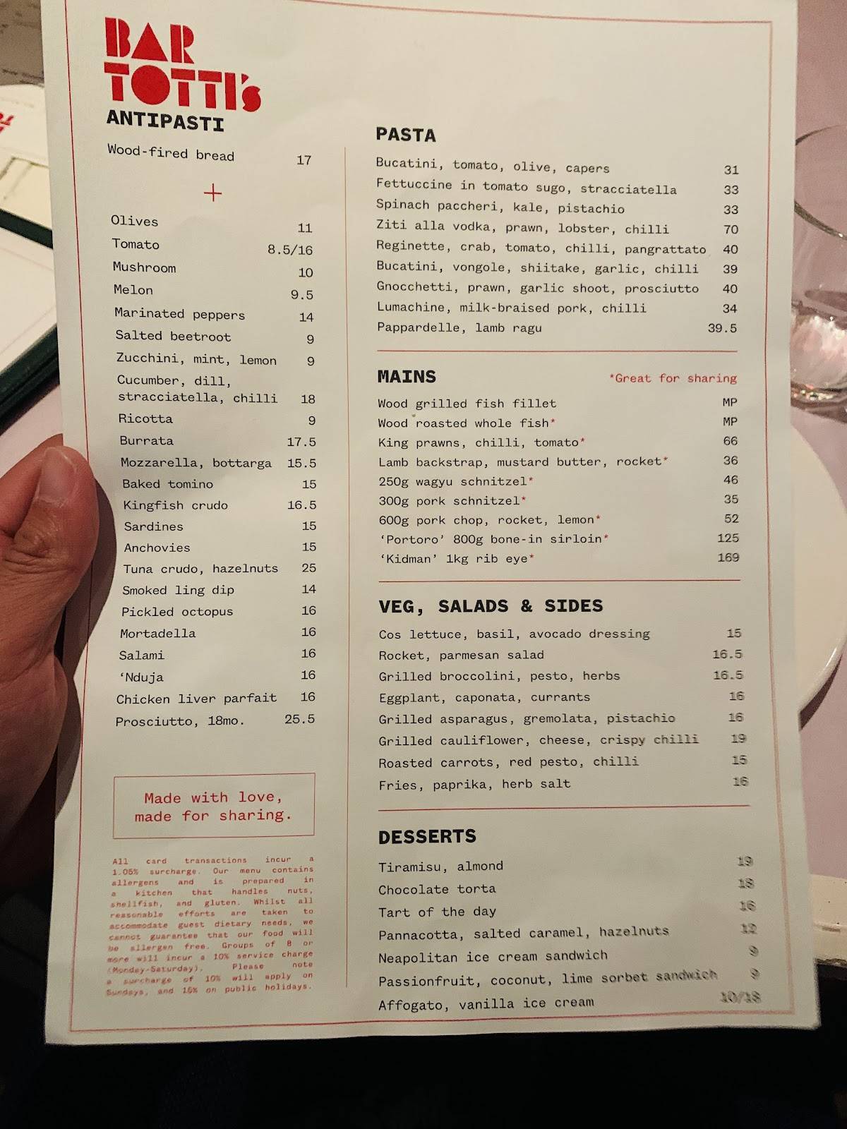 Menu at Bar Totti's, Sydney