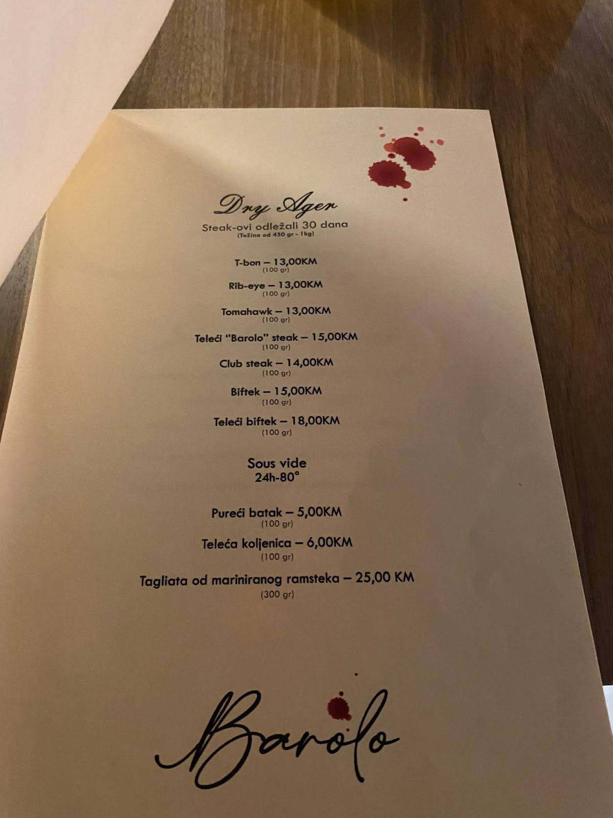 Menu at Restaurant Barolo, Jelah