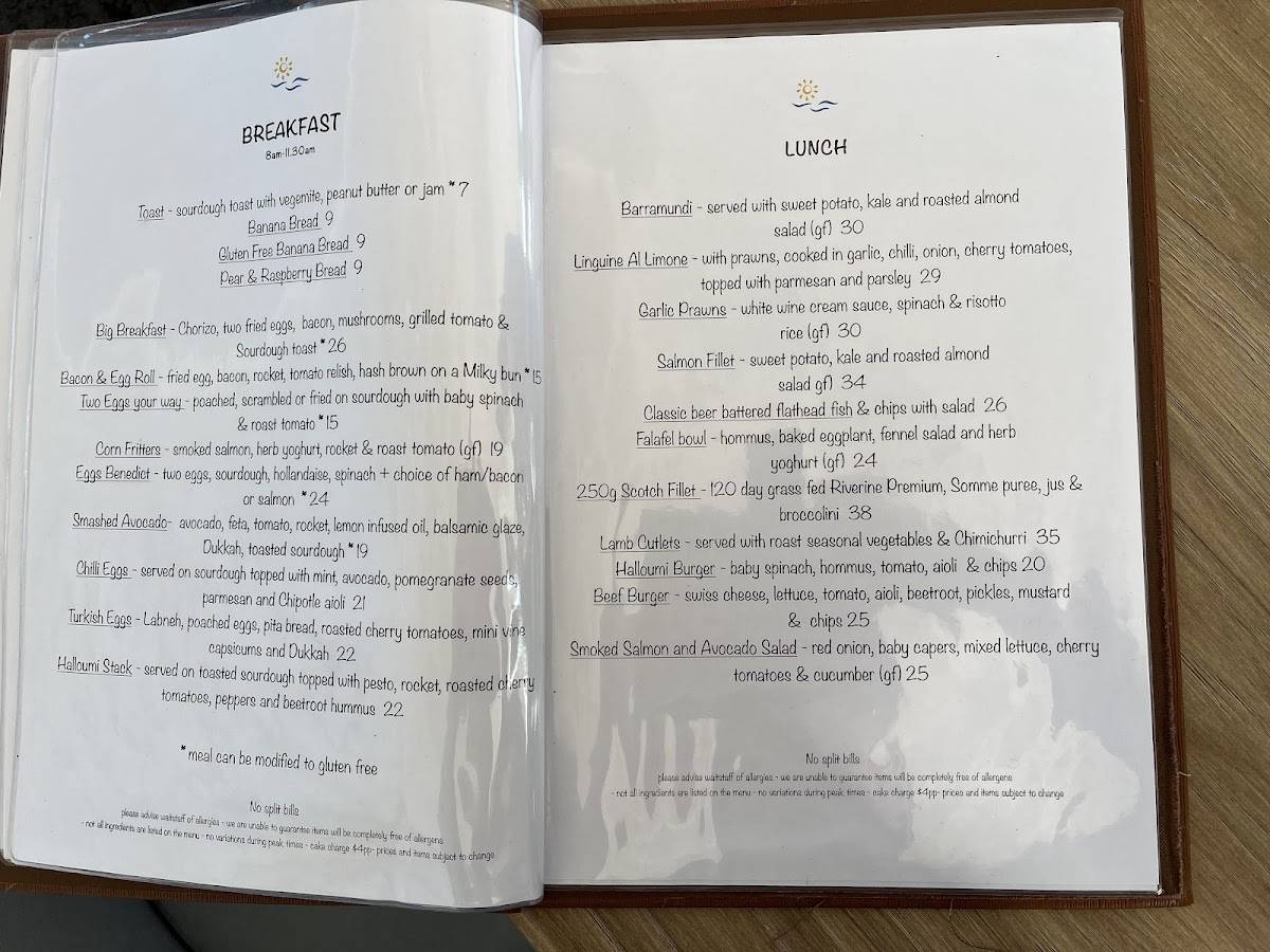 Menu at Bass & Flinders Pavilion restaurant, Sans Souci