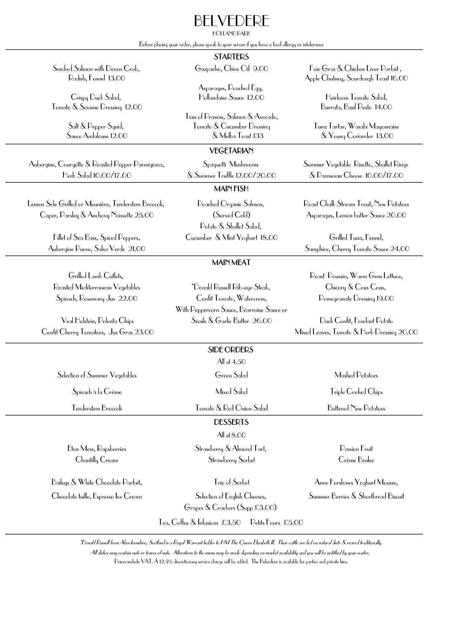 Menu at Belvedere Restaurant, London, Holland Park