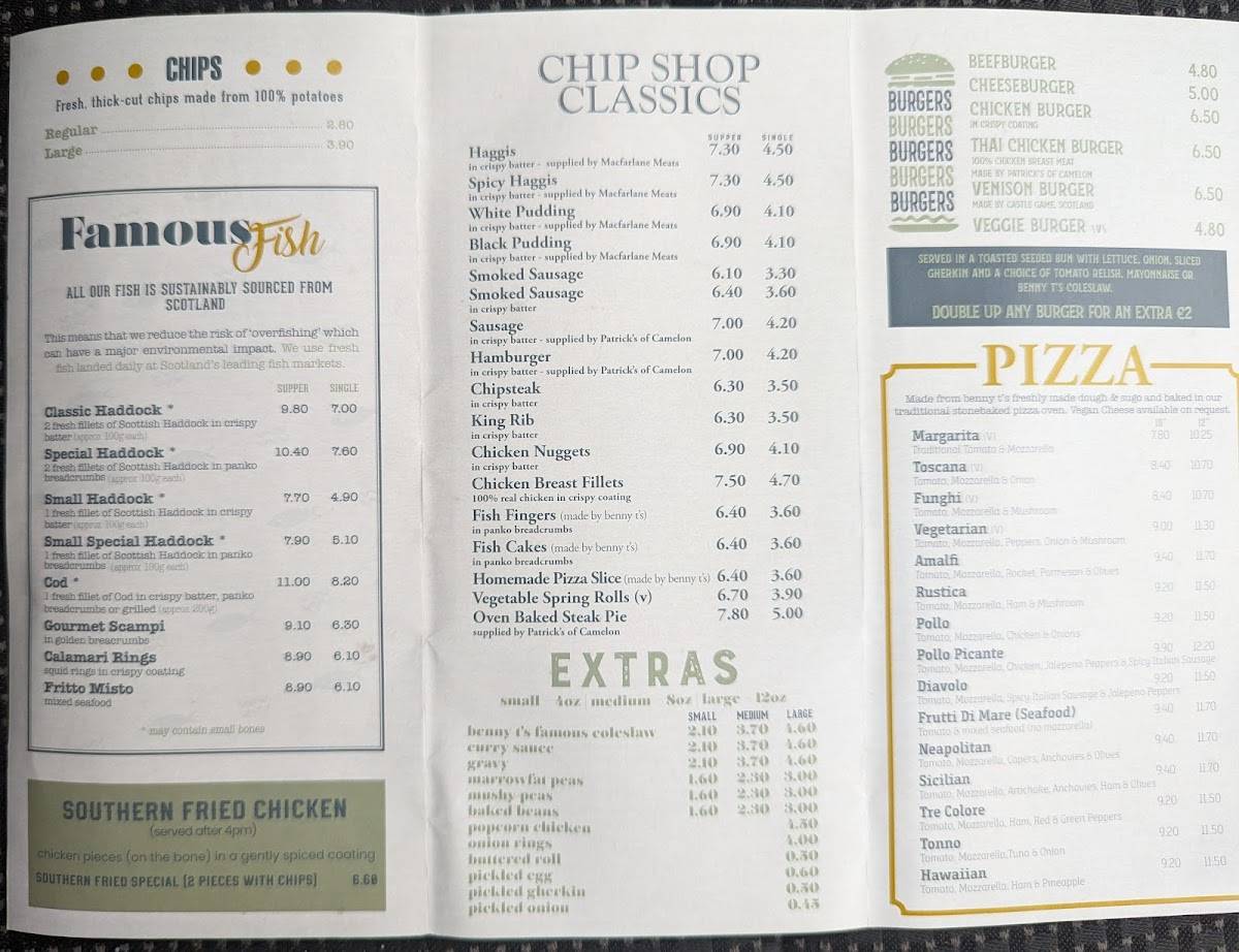 Menu at Benny T’s restaurant, Falkirk