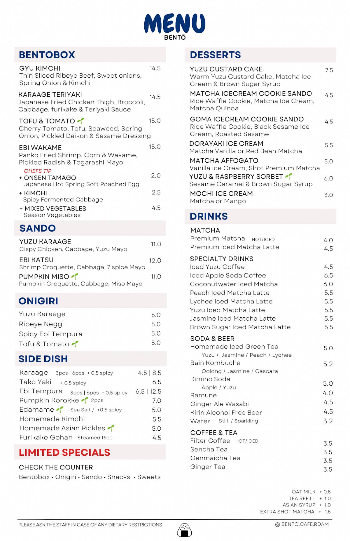 Menu at Bento Cafe, Rotterdam