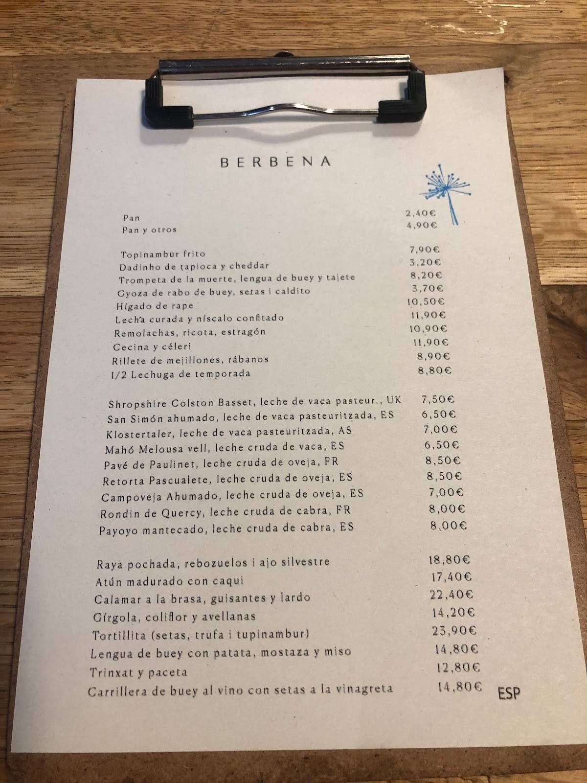 Menu at Berbena restaurant, Barcelona