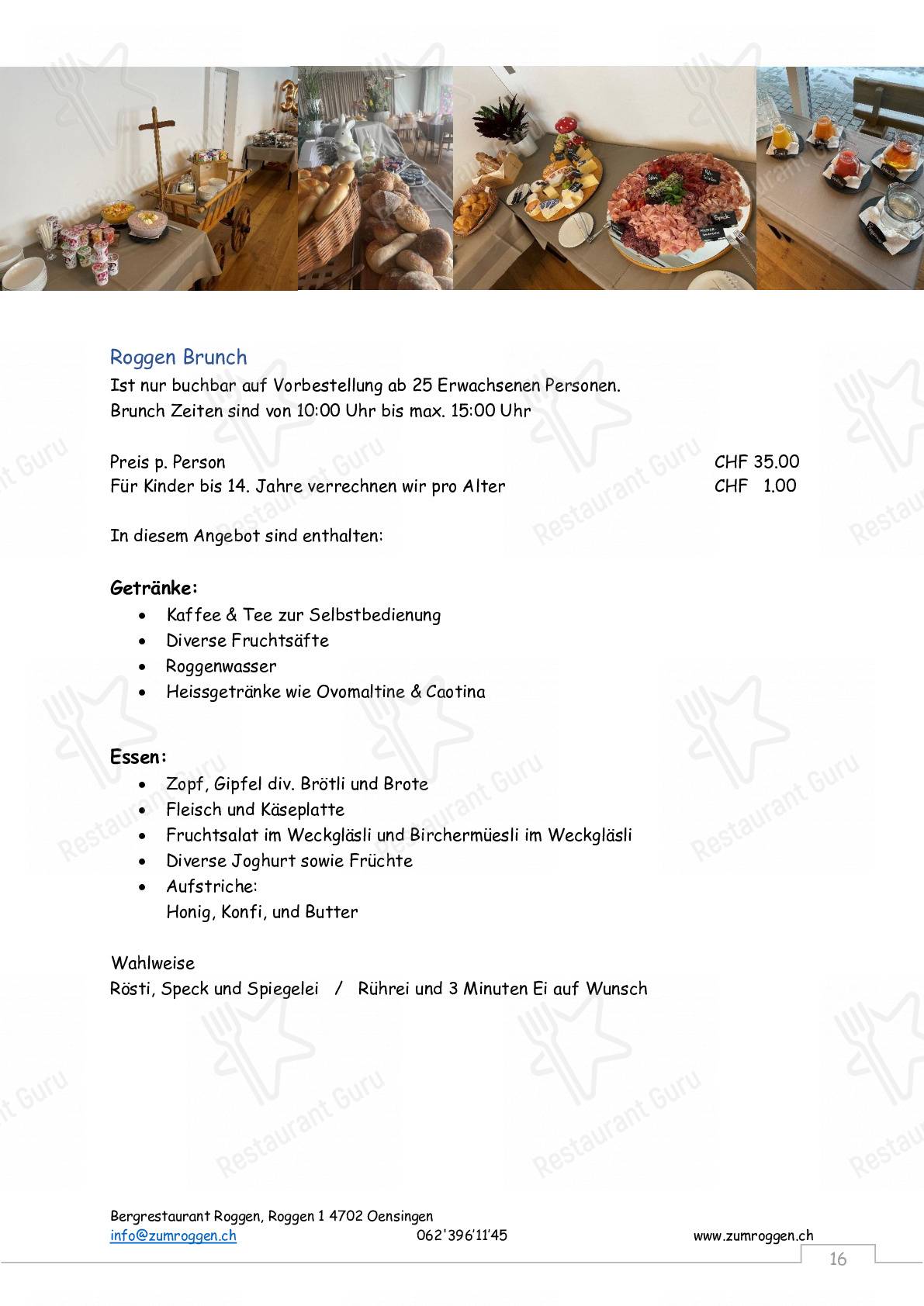 Speisekarte von Bergrestaurant Roggen, Oensingen