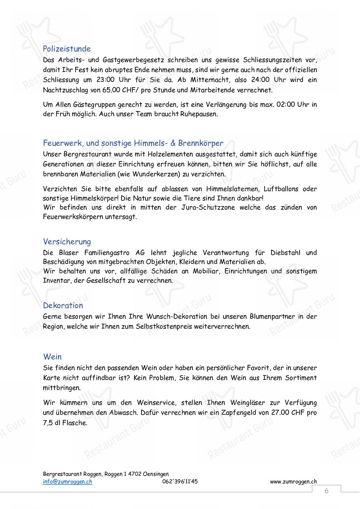 Speisekarte von Bergrestaurant Roggen, Oensingen