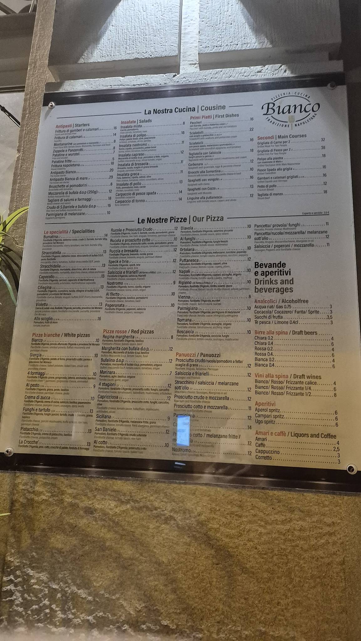 Menu at Bianco restaurant, Trieste
