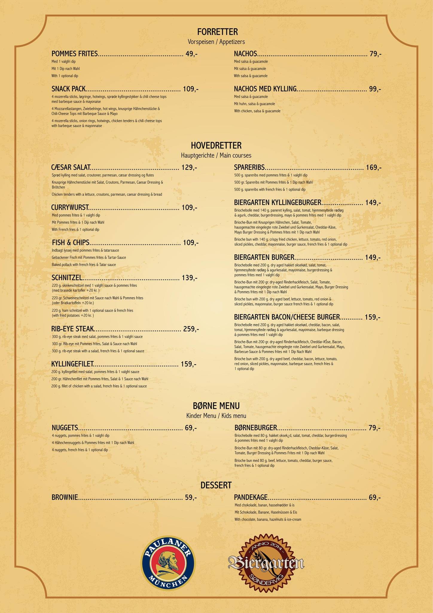 Speisekarte von Biergarten pub & Bar, Søndervig