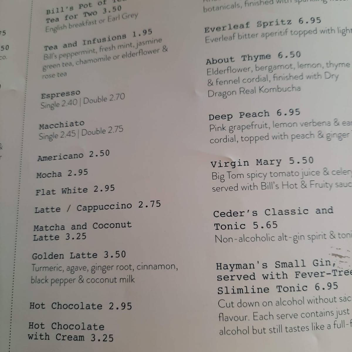 Menu at Bill's Rushden Lakes restaurant, Rushden