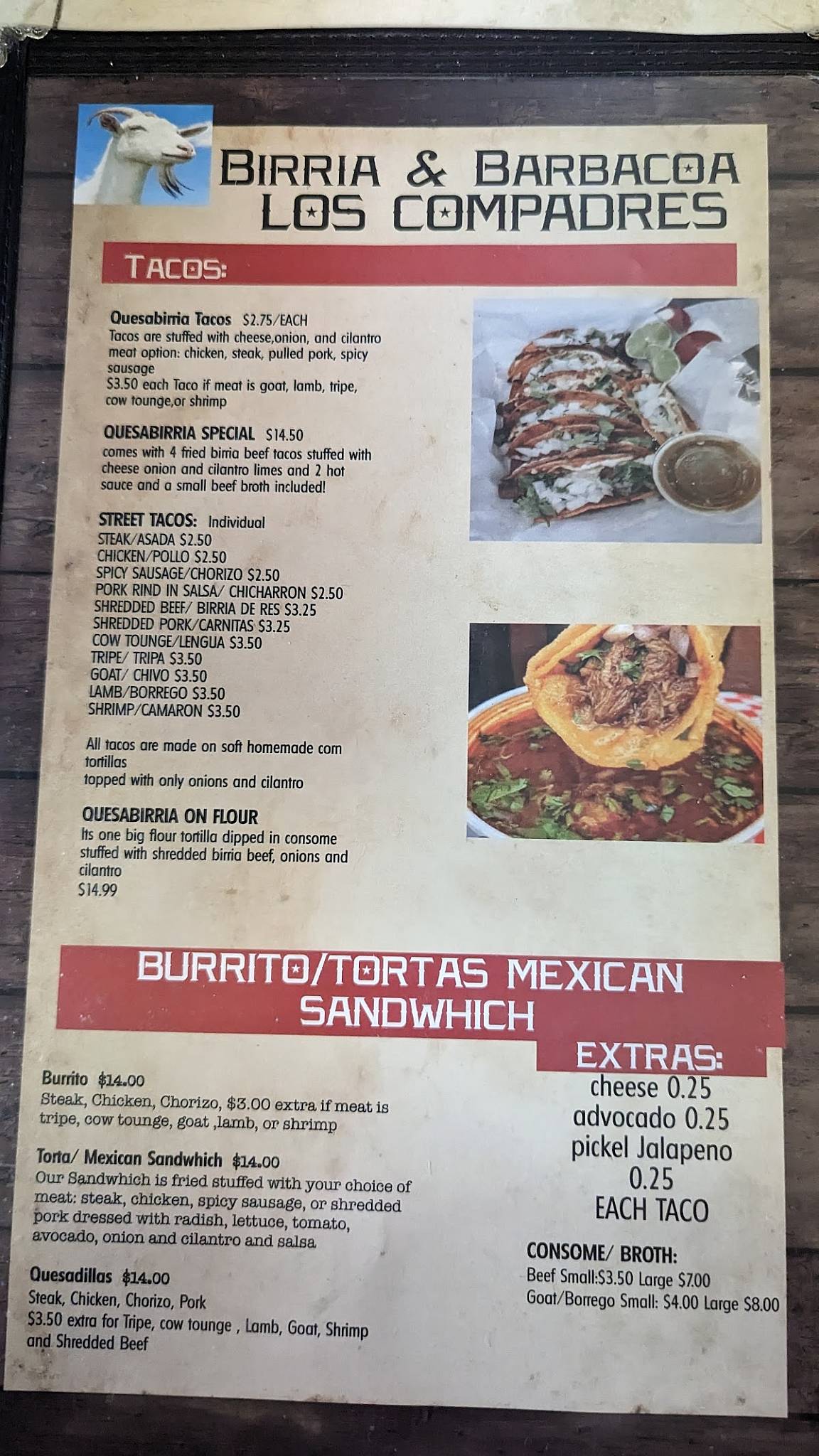 Menu at Birria & Barbacoa de Chivo Los Compadre's Taco Truck, Baton Rouge