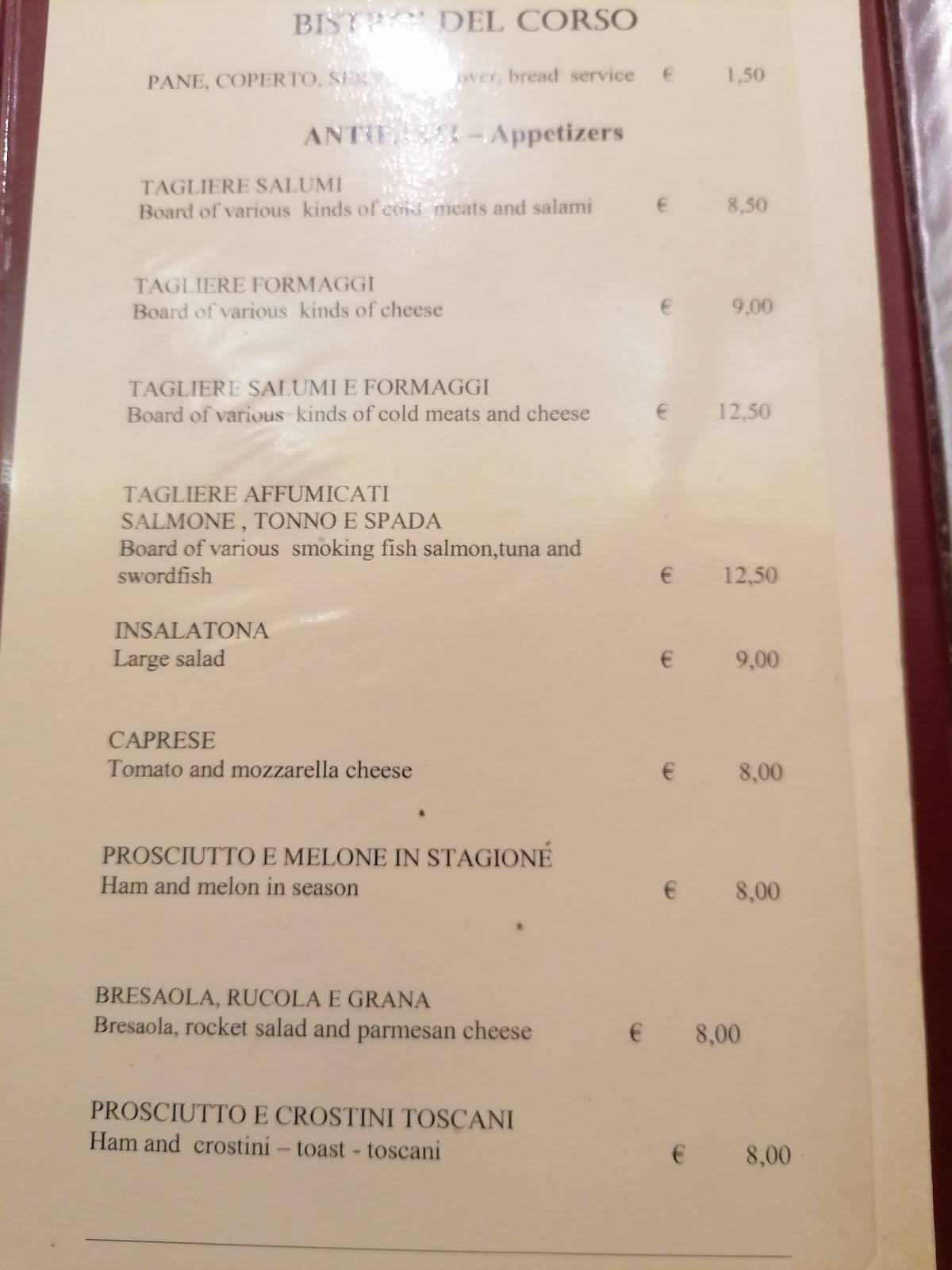 Menu at Bistro Del Corso pizzeria, Montecatini Terme