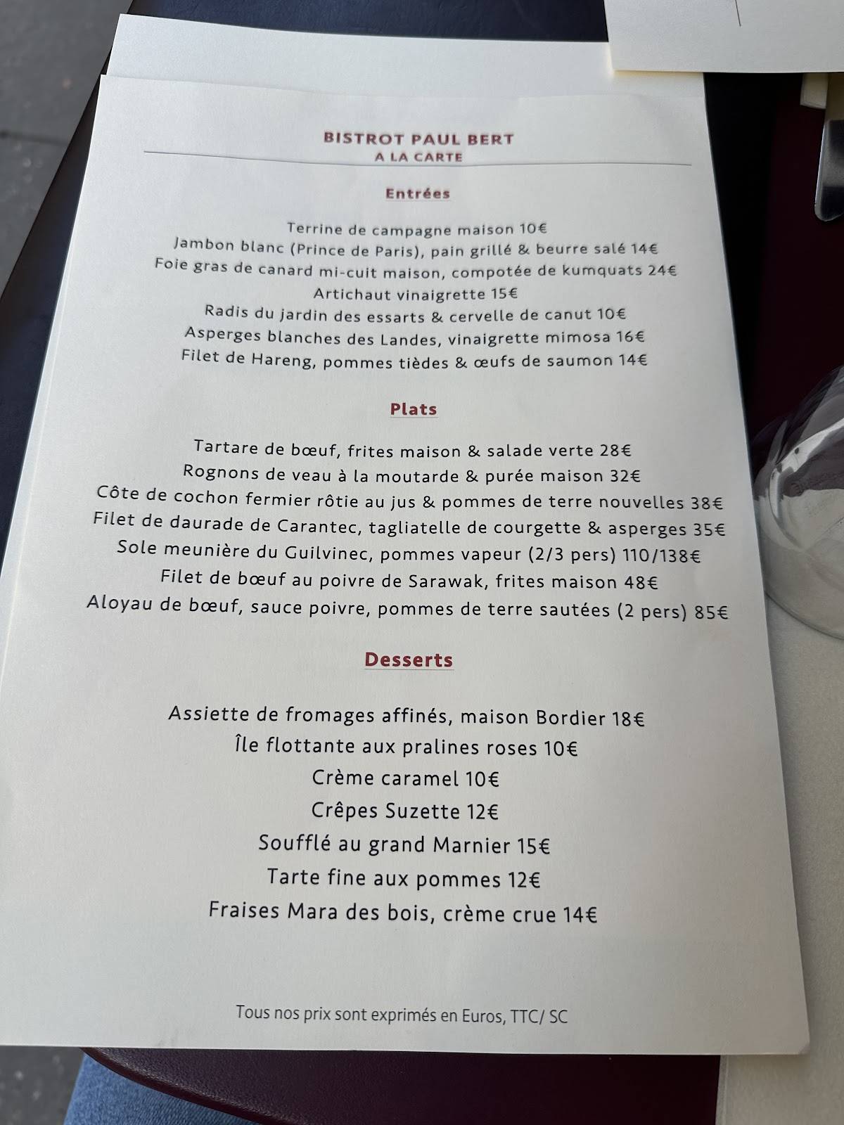 Menu at Bistrot Paul Bert restaurant, Paris